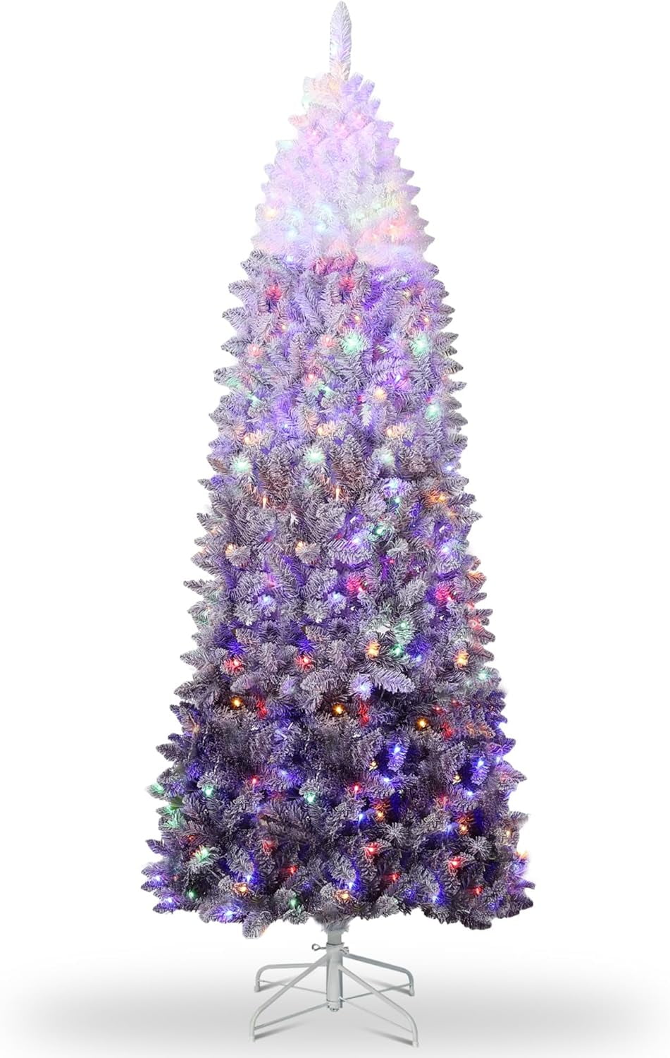 4.5/6/7.5/9 ft Flocked Pencil Christmas Tree with 100 Lights, Pre Lit Tall Skinny Christmas Tree ...