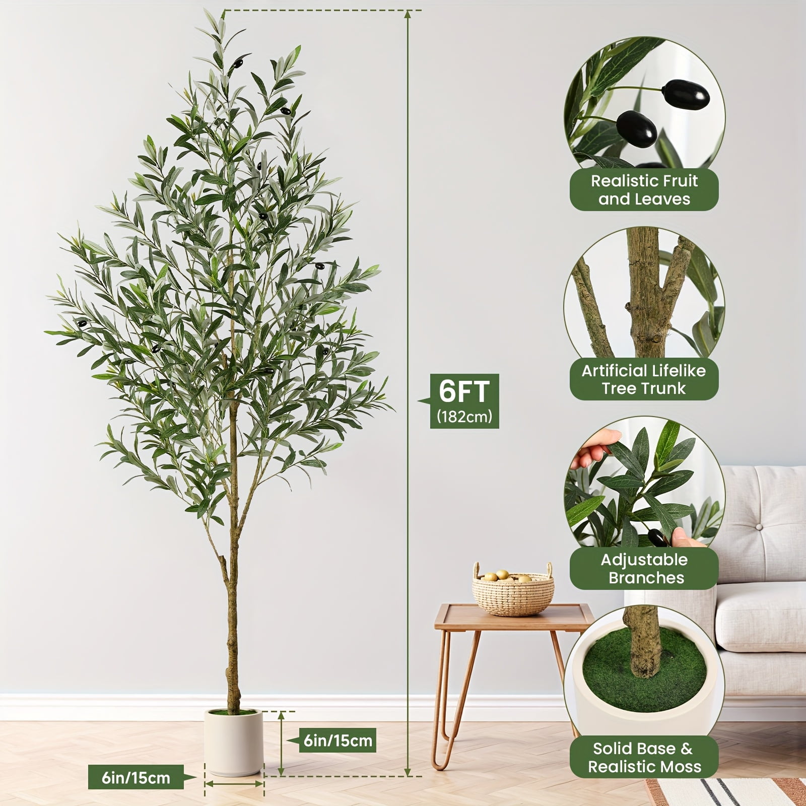 4/5/6/7Ft Lush Artificial Olive Tree - Realistic Wood Trunk Faux Moss ...