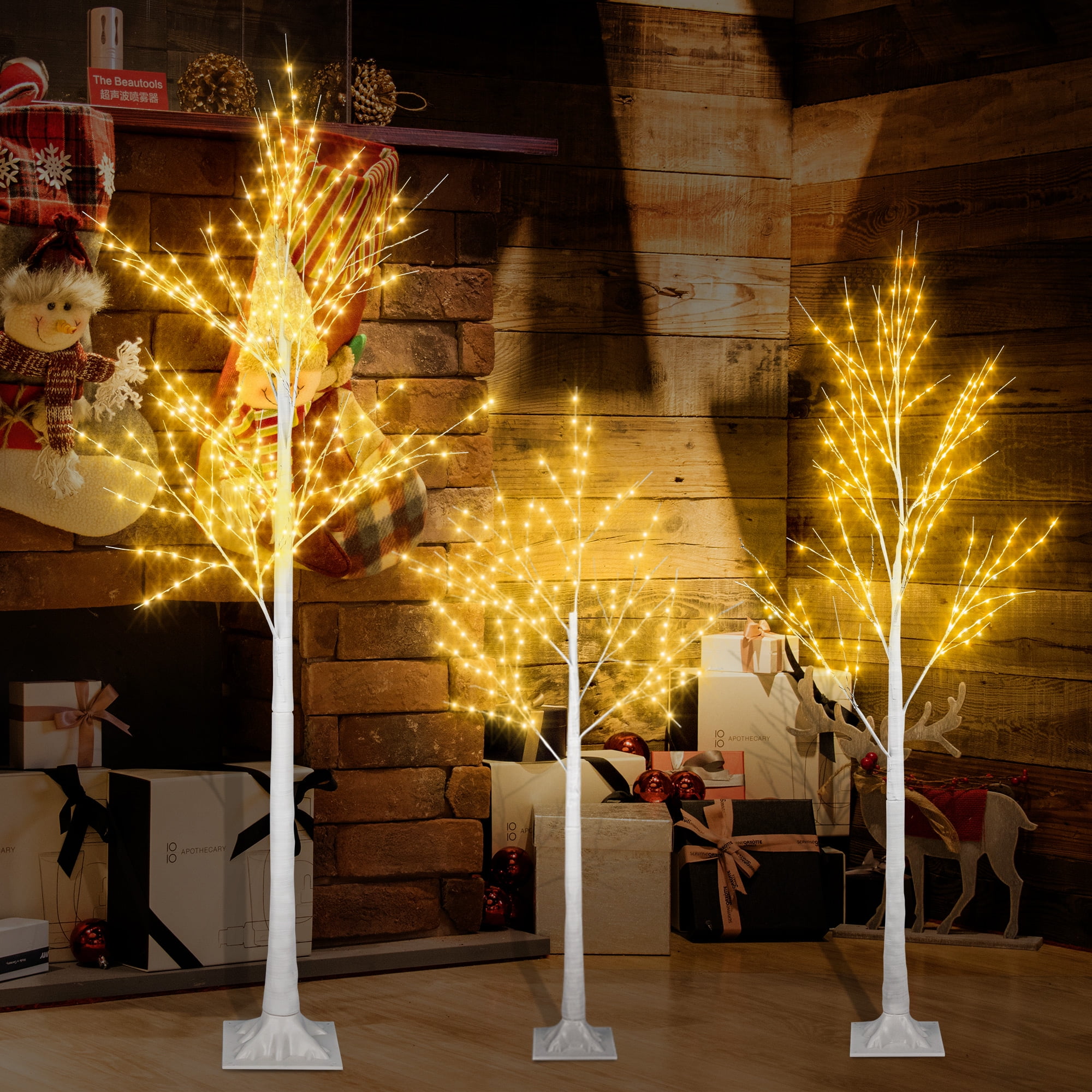 4' 5' 6' Lighted Christmas Tree Set, Seizeen Warm Lights Birch Tree for ...