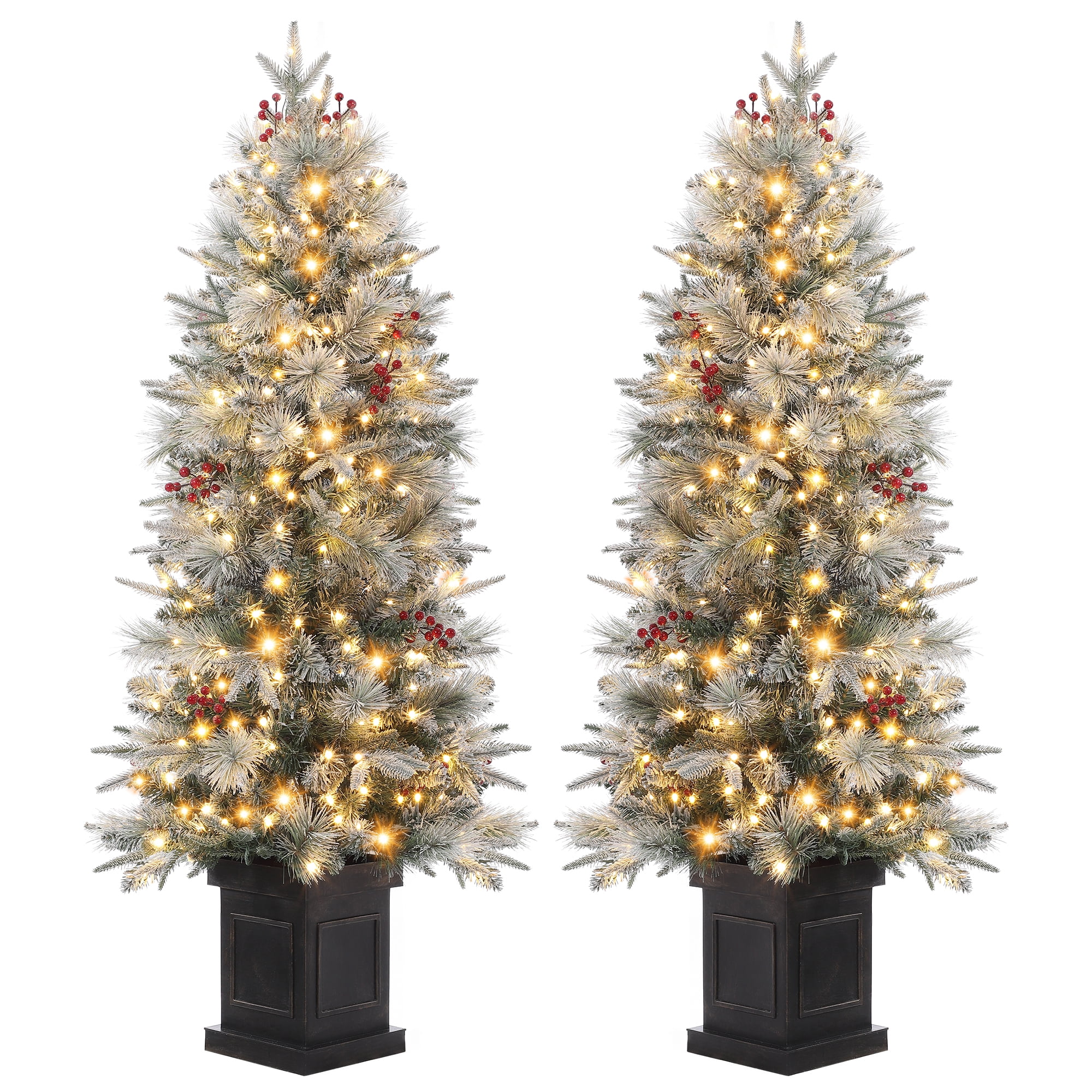 4.5 FT Pre-Lit Artificial Christmas Tree, Snow Frosted with 200 Warm LED Lights, Red Berry ...