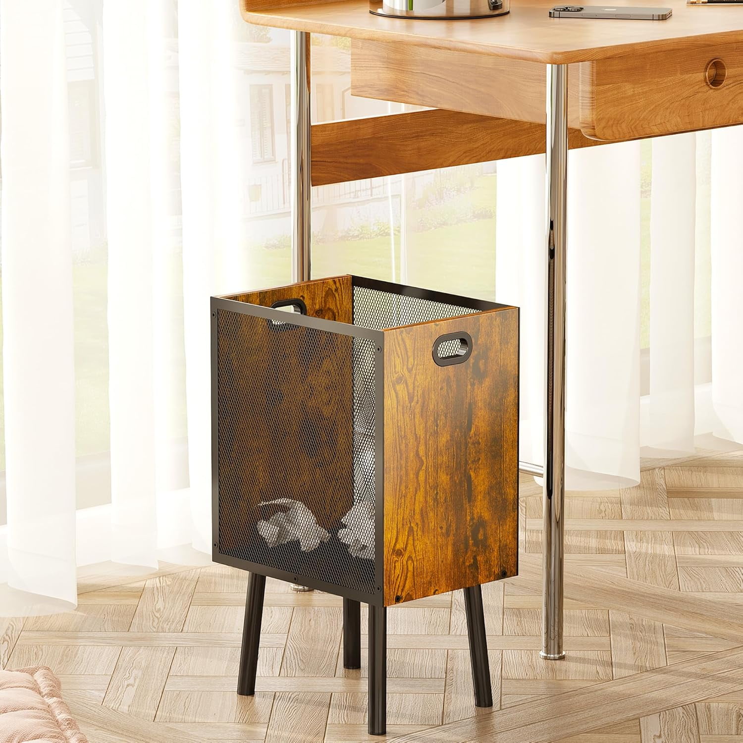 4.5 Gallon Office Trash Can for Near Desk, Wood Bedroom Trashcan ...