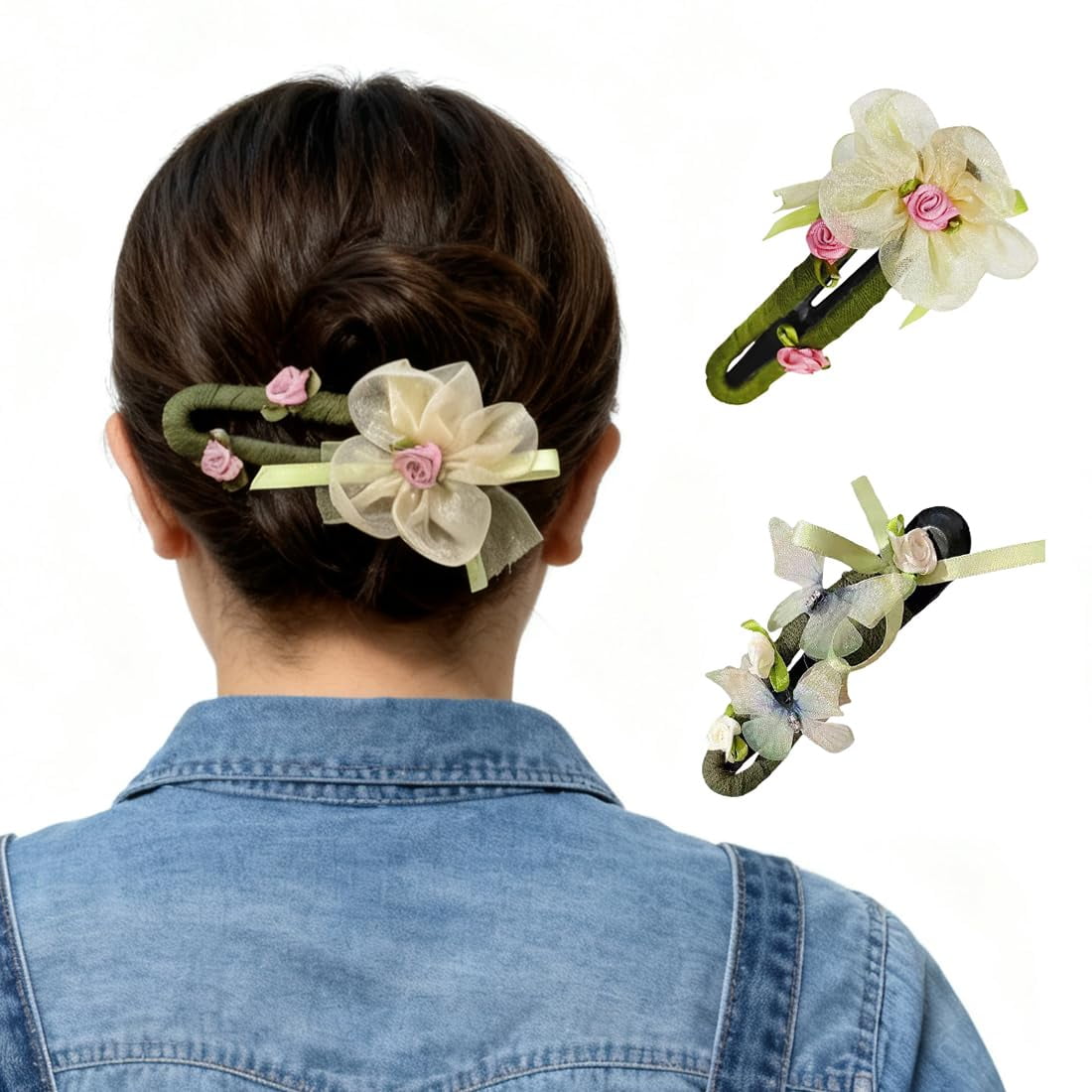 4.5 Inch Flat Floral Hair Clips for Women, 2-Pack Hand-Tied Elegant ...