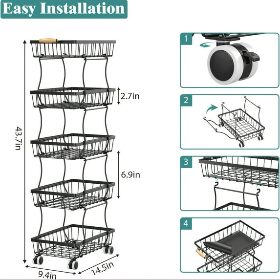 4/5-Layer Fruit & Veggie Basket - Stackable Metal Storage Cart (with ...