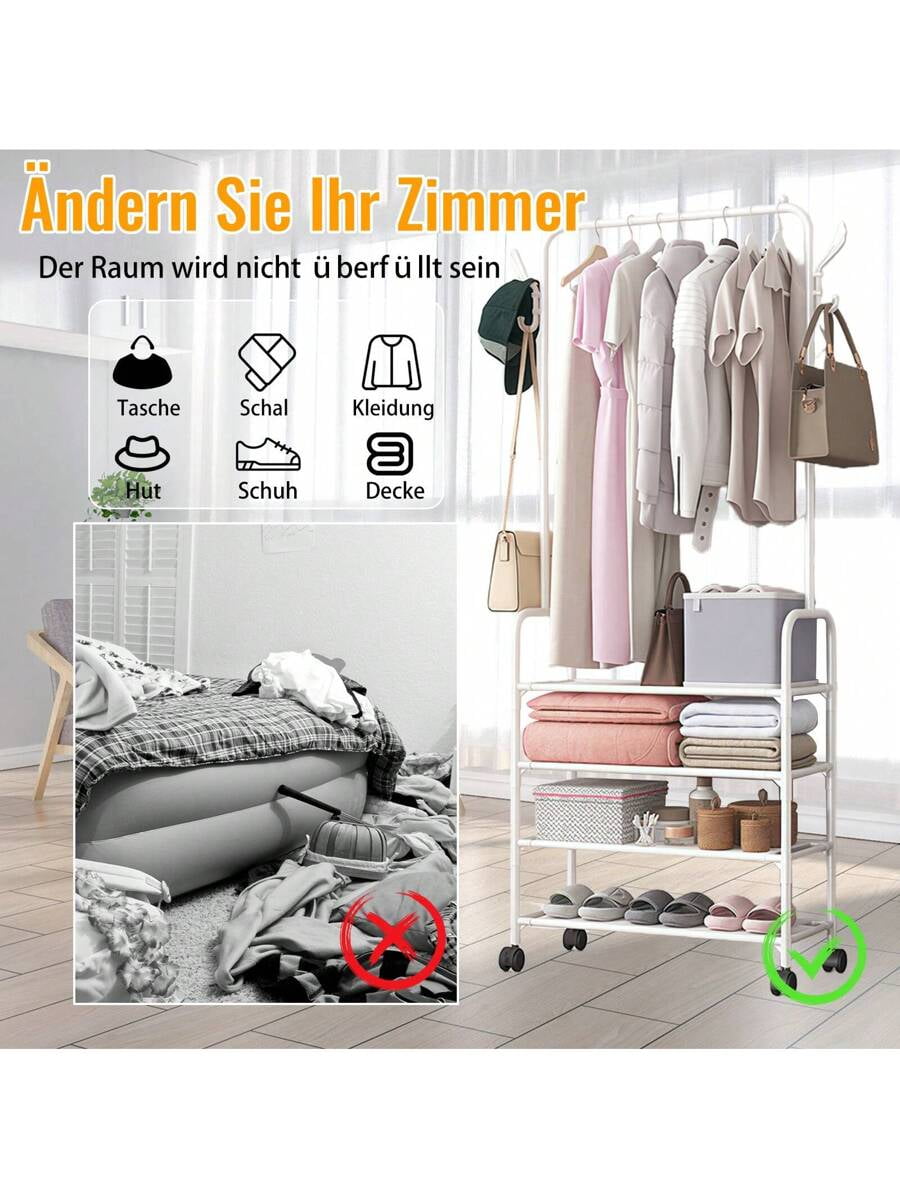 4/5-Layer Mobile Metal Coat Rack with Pulleys - 3-in-1 Coat & Shoe Rack, Free-Standing with ...