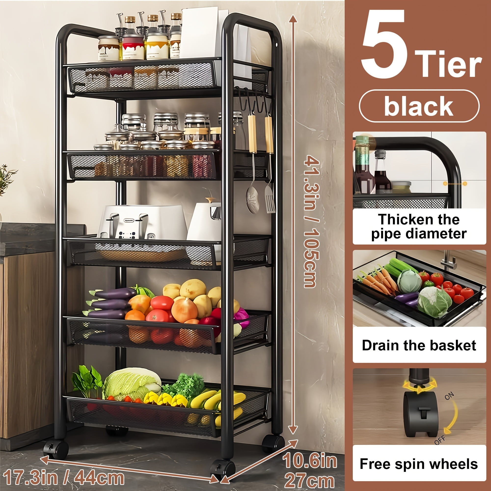 4/5-Tier Carbon Steel Rolling Storage Cart - Multi-Functional w/Hooks ...