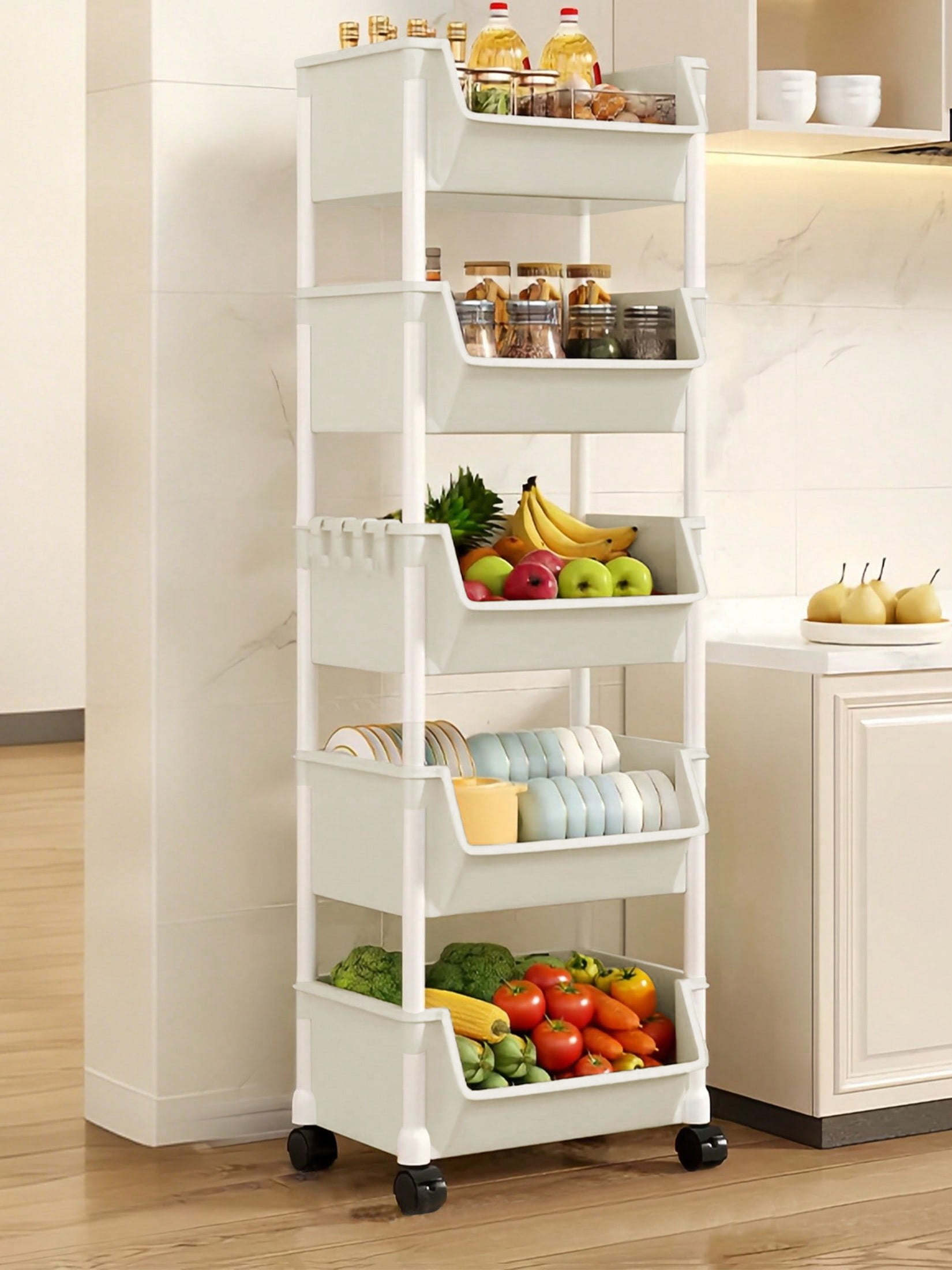 4/5-Tier Rolling Storage Cart with Lockable Wheels – White Utility Rack ...