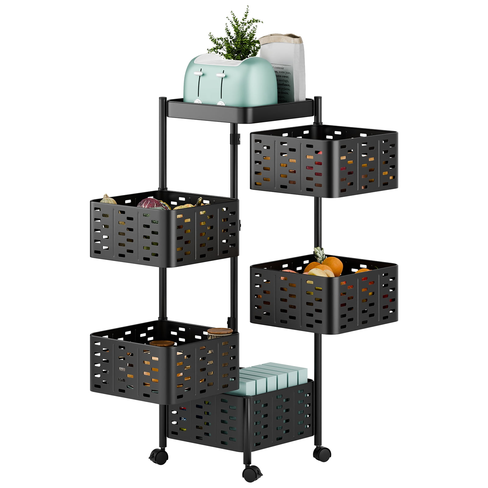 4/5 Tier Rotating Kitchen Storage Trolley with Wheels, Mesh Fruit ...