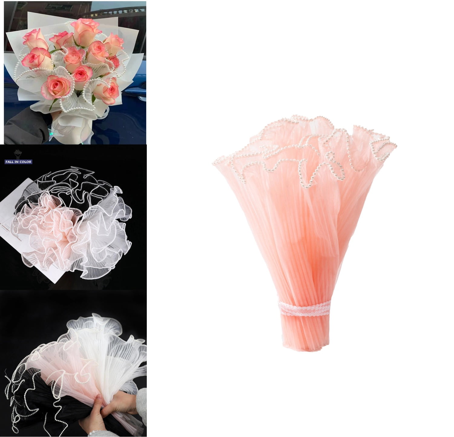 4.5 Yard White Flower Wrapping Paper Pearl Edge Mesh Bouquet Wrapping ...