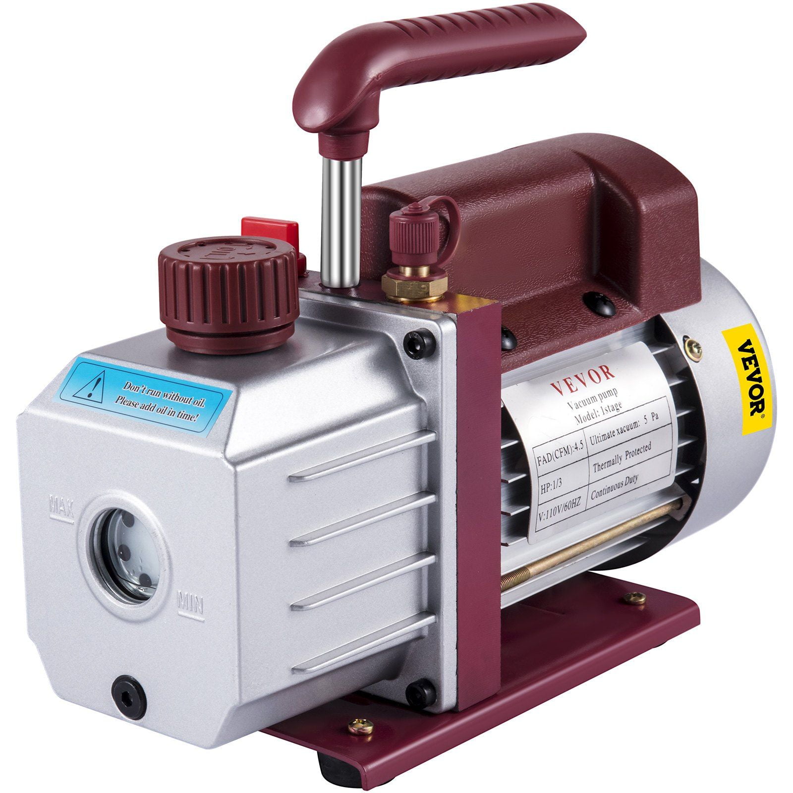 "4.5CFM Single-Stage Rotary Vane Vacuum Pump, 1/3HP 5PA HVAC ...