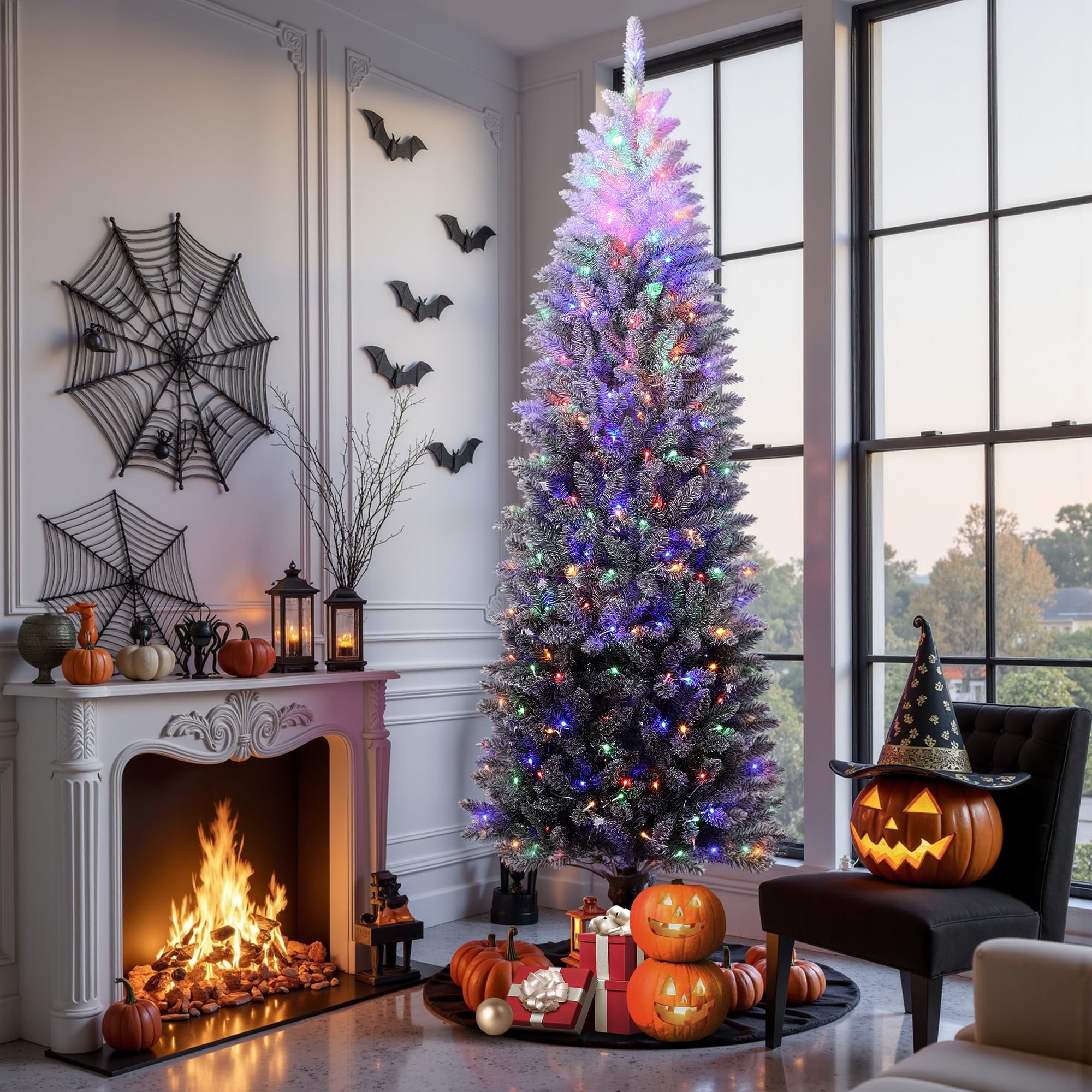4.5FT/6FT/7.5FT/9FT Pre-Lit Pencil Christmas Tree, Slim Christmas Tree ...