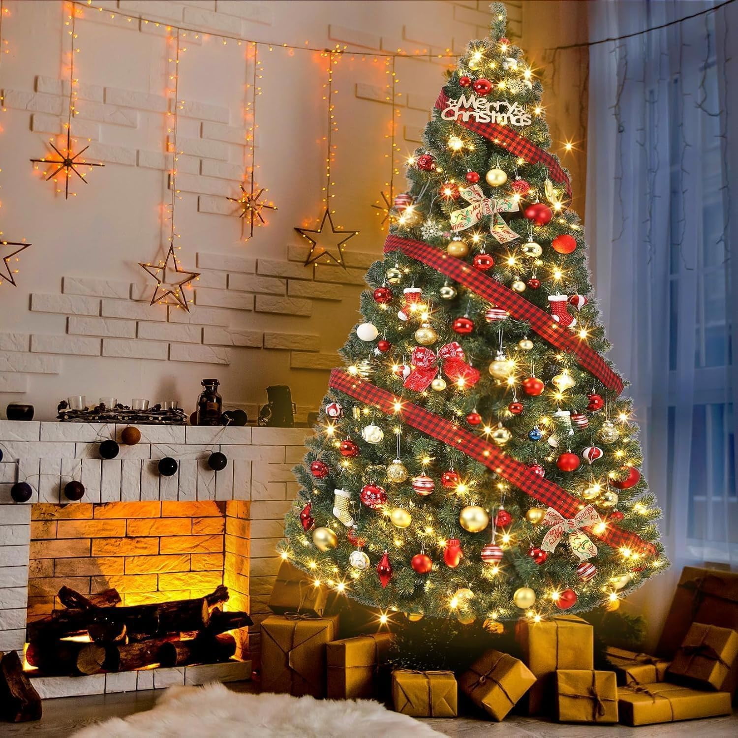 4.5Ft/6Ft/7.5Ft/9Ft Pre-lit Christmas Tree, Hinged Artificial Xmas Tree ...