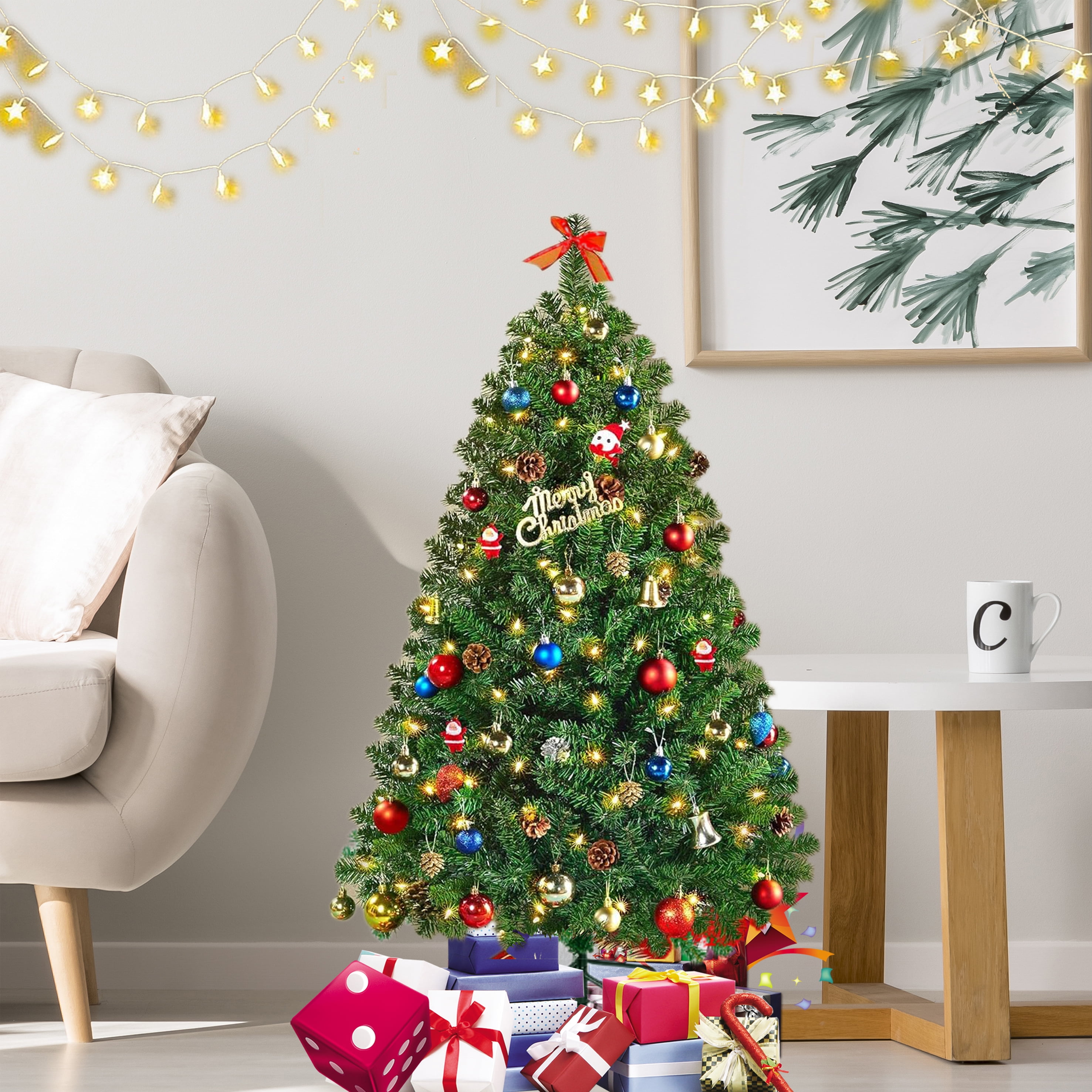 4.5Ft Pre-Lit Artificial Christmas Tree Prelighted Fake Xmas Tree with ...