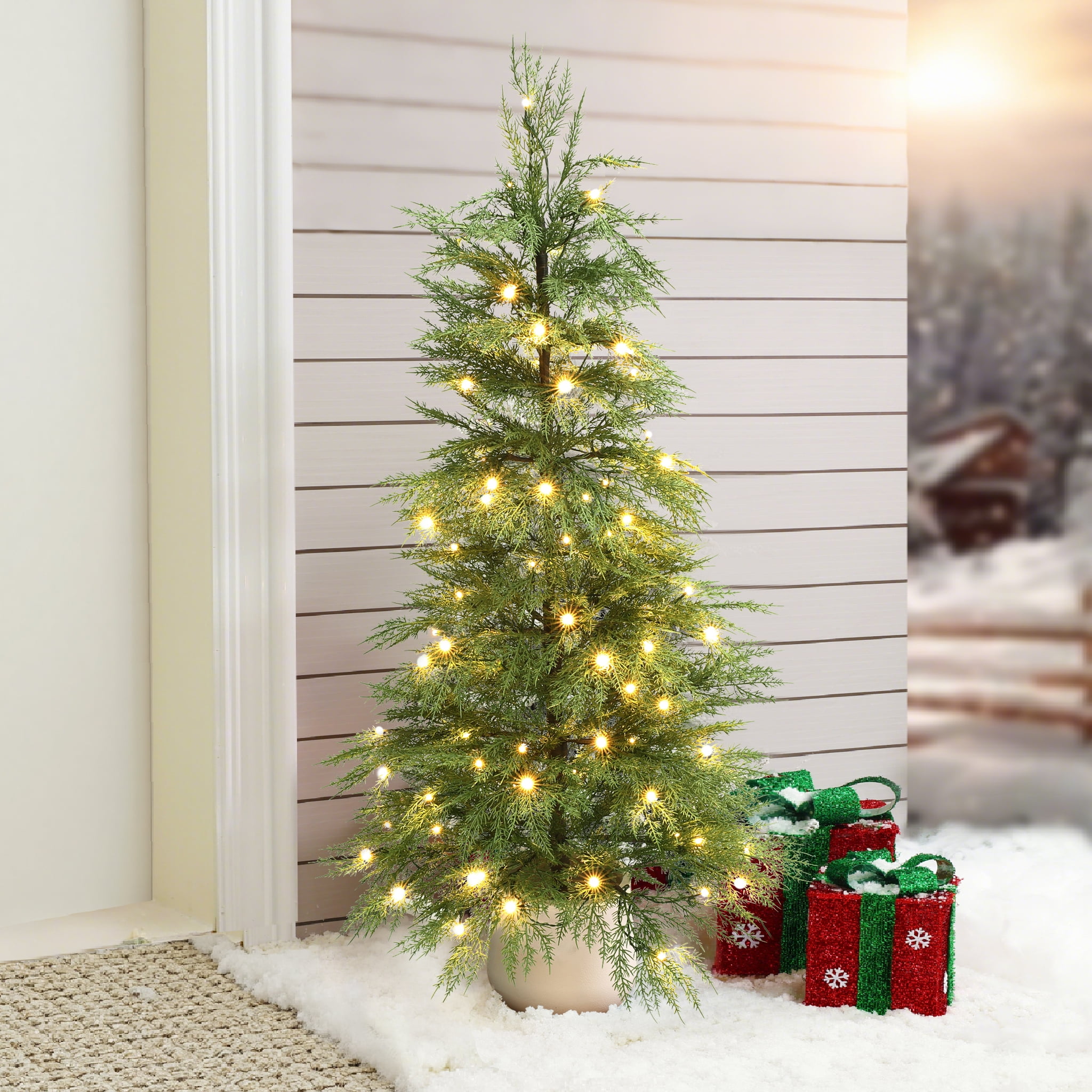 4.5Ft Pre-Lit Artificial Potted Tree with Green Branches - Walmart.com