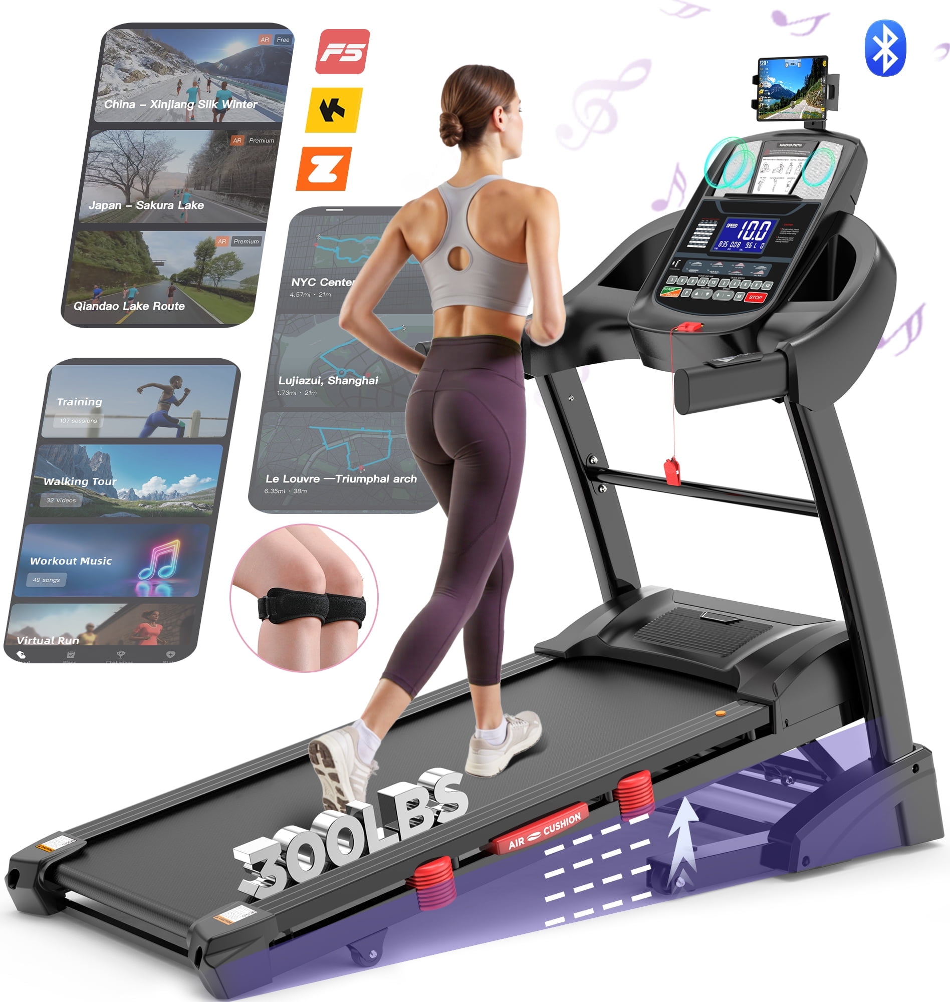4.5HP Folding Treadmill 300lbs capacity, Automatic Incline Treadmill ...