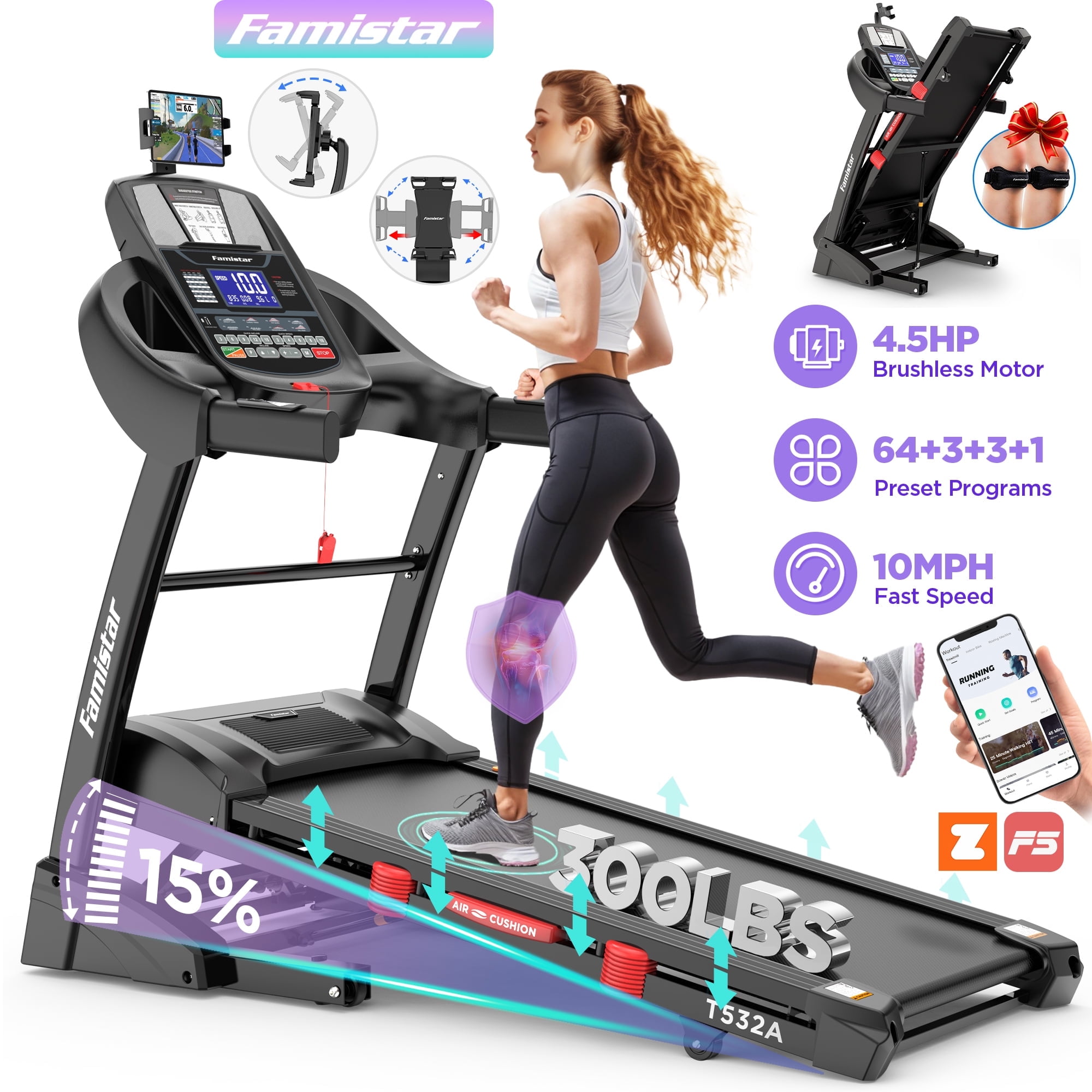 Campmoy 4.5HP Treadmill with 15% Incline, Treadmills with 300lbs Weight ...