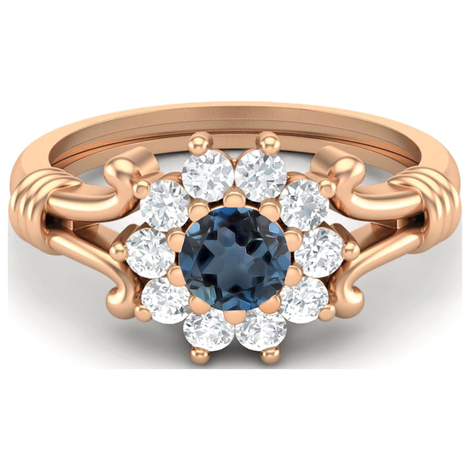 4.5MM Round London Blue Topaz 925 Sterling Silver Rose Plated Cluster ...
