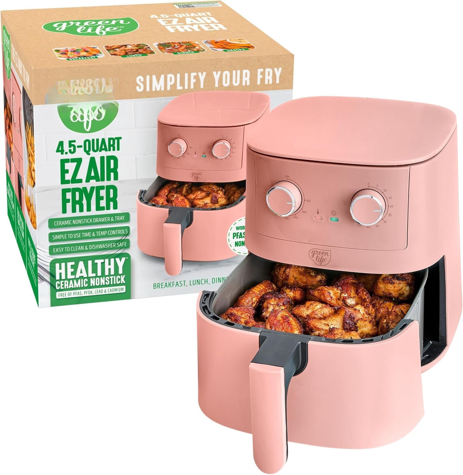 4.5QT Air Fryer, Mechanical Dial Controls, - Ceramic Nonstick Drawer ...