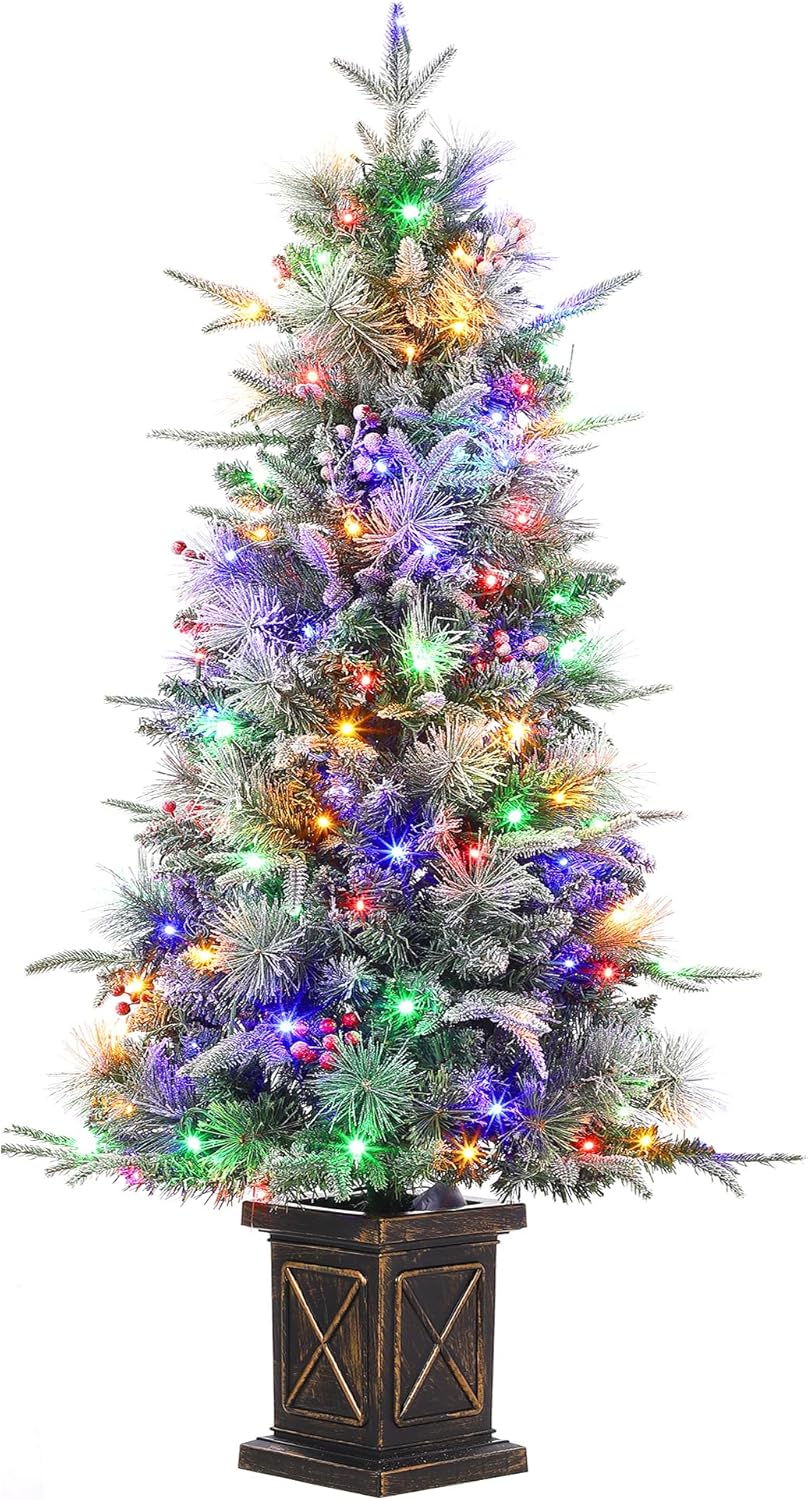 4.5ft Christmas Tree with 100 Multicolor Led Lights, Pre-Lit Snow ...