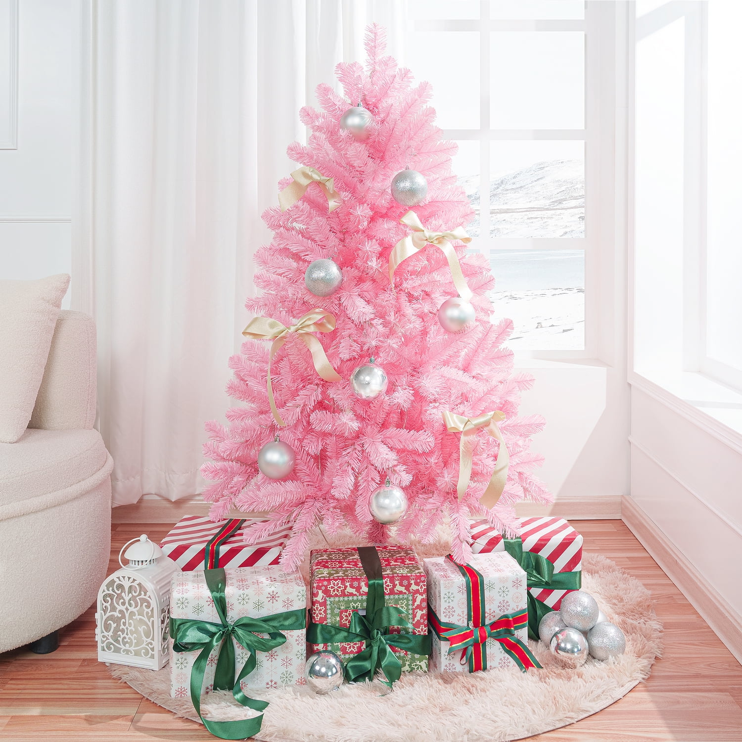 4.5ft Pink Christmas Tree Prelit with 436 Branch Tips, 200 Warm Lights ...