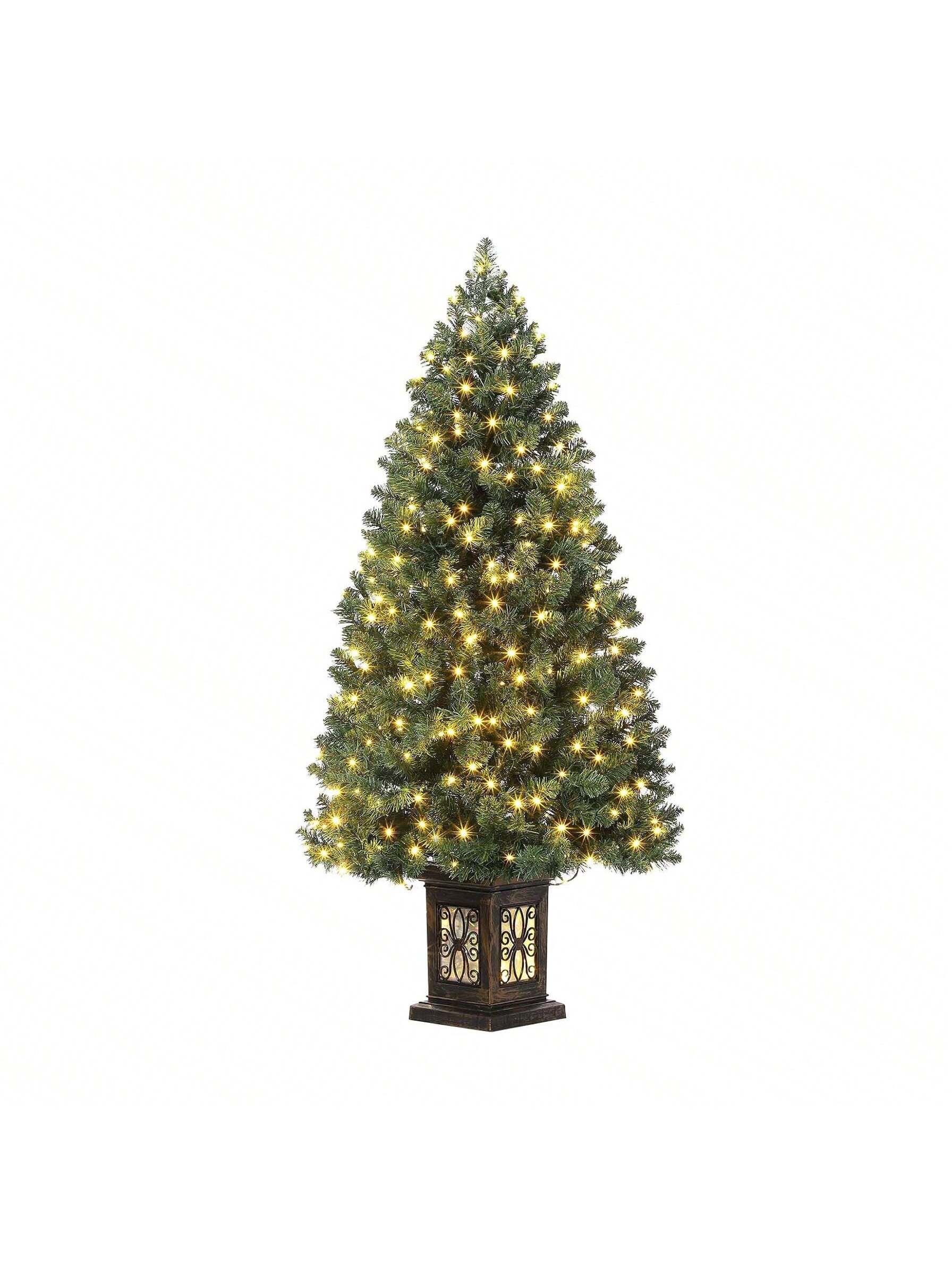 4.5ft Pre-Lit Christmas Tree For Entrances, Artificial Potted Xmas Tree ...