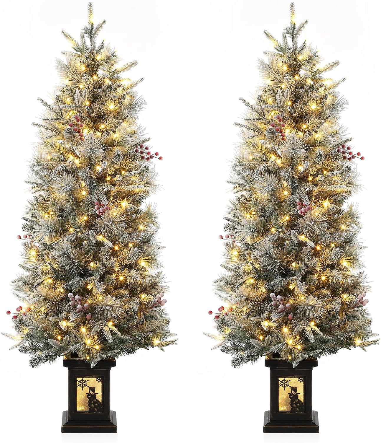 4.5ft Pre-Lit Frosty Bloom Potted Tree with Snowman Light Box Base ...
