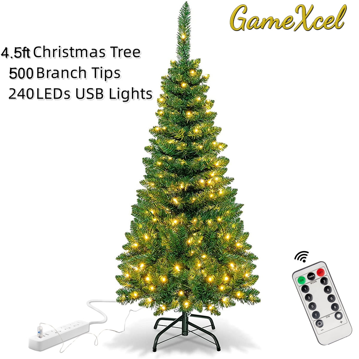 4.5ft USB Artificial Christmas Tree with 350 Branch Tips & 8 Lighting ...
