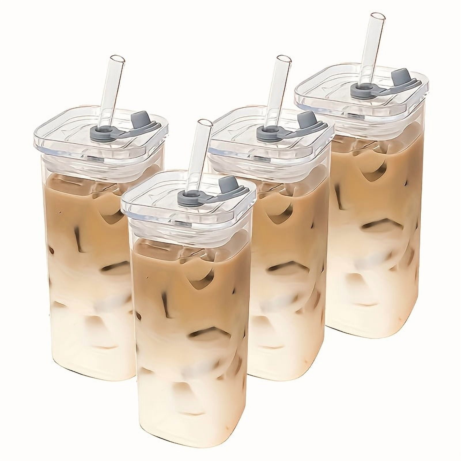 4/6/8-Pack 13oz Square Glass Mugs with Lids & Straws - Portable Coffee ...