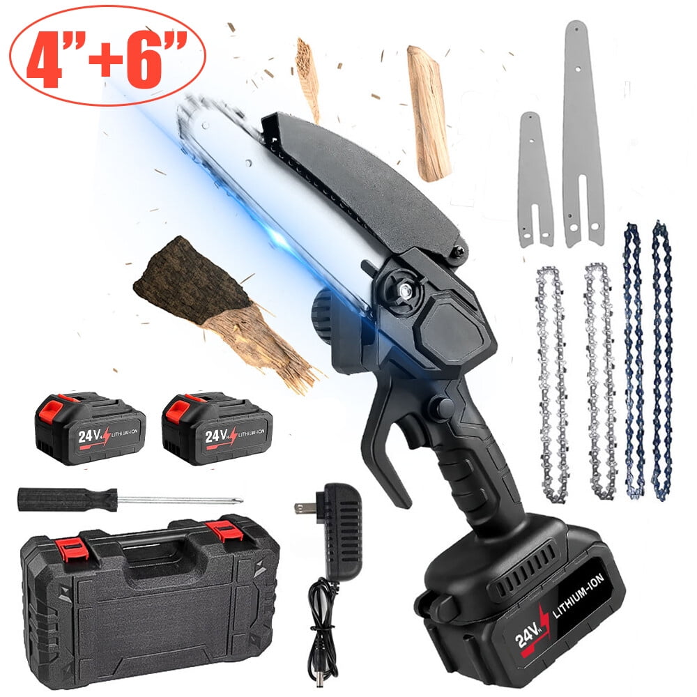 4"+6" Electric Mini Chainsaw Handheld Cordless Wood Cutter +2 Battery ...