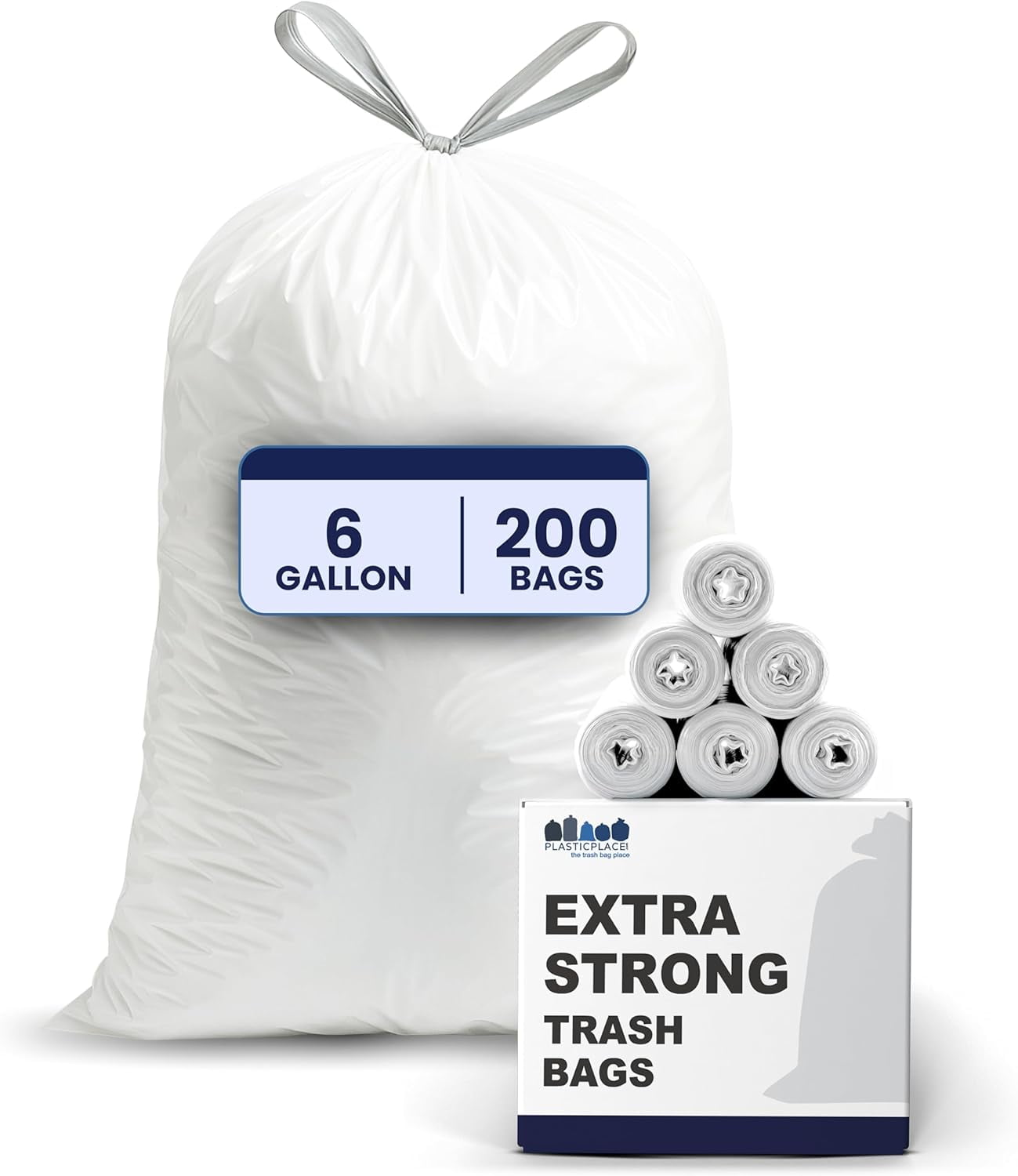 4 - 6 Gallon White Drawstring Bags, 100% Prime Material, 17x20, 0.7 Mil ...