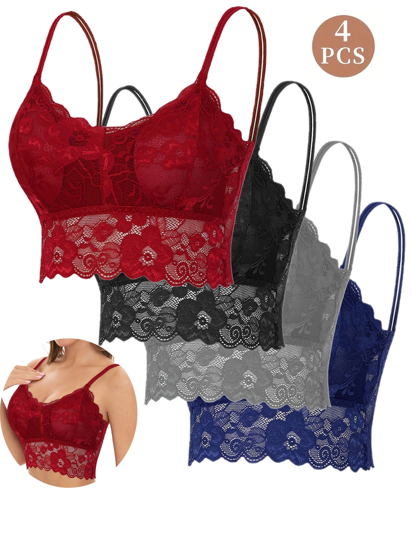 4/6 Pack Women's Seamless Lace Bras, Floral Lace Trim Wireless Bra with ...