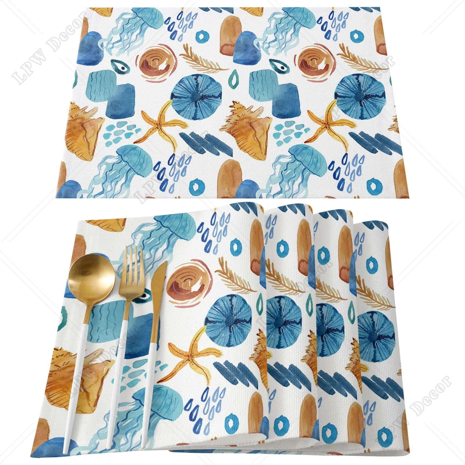 4/6 Pcs Placemat Blue Marine Coral Shells Star Kitchen Placemat Home ...