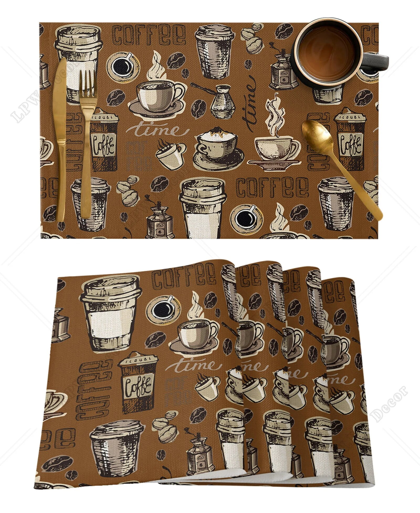 4/6 Pcs Placemat Coffee Coffee Beans Coffee Cup Kitchen Placemat Home ...