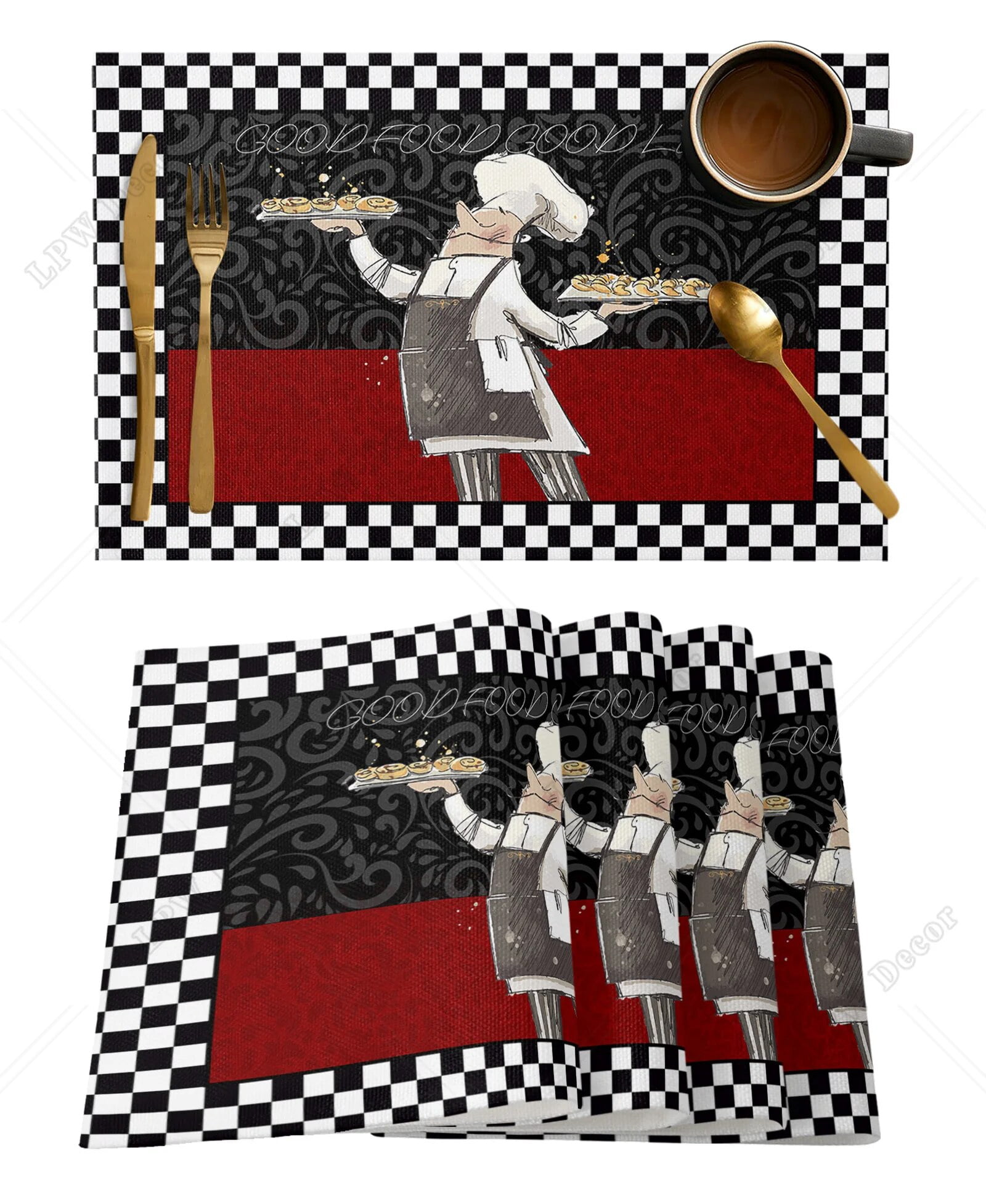 4/6 Pcs Placemat Kitchen Chef Food Vintage Texture Kitchen Placemat ...