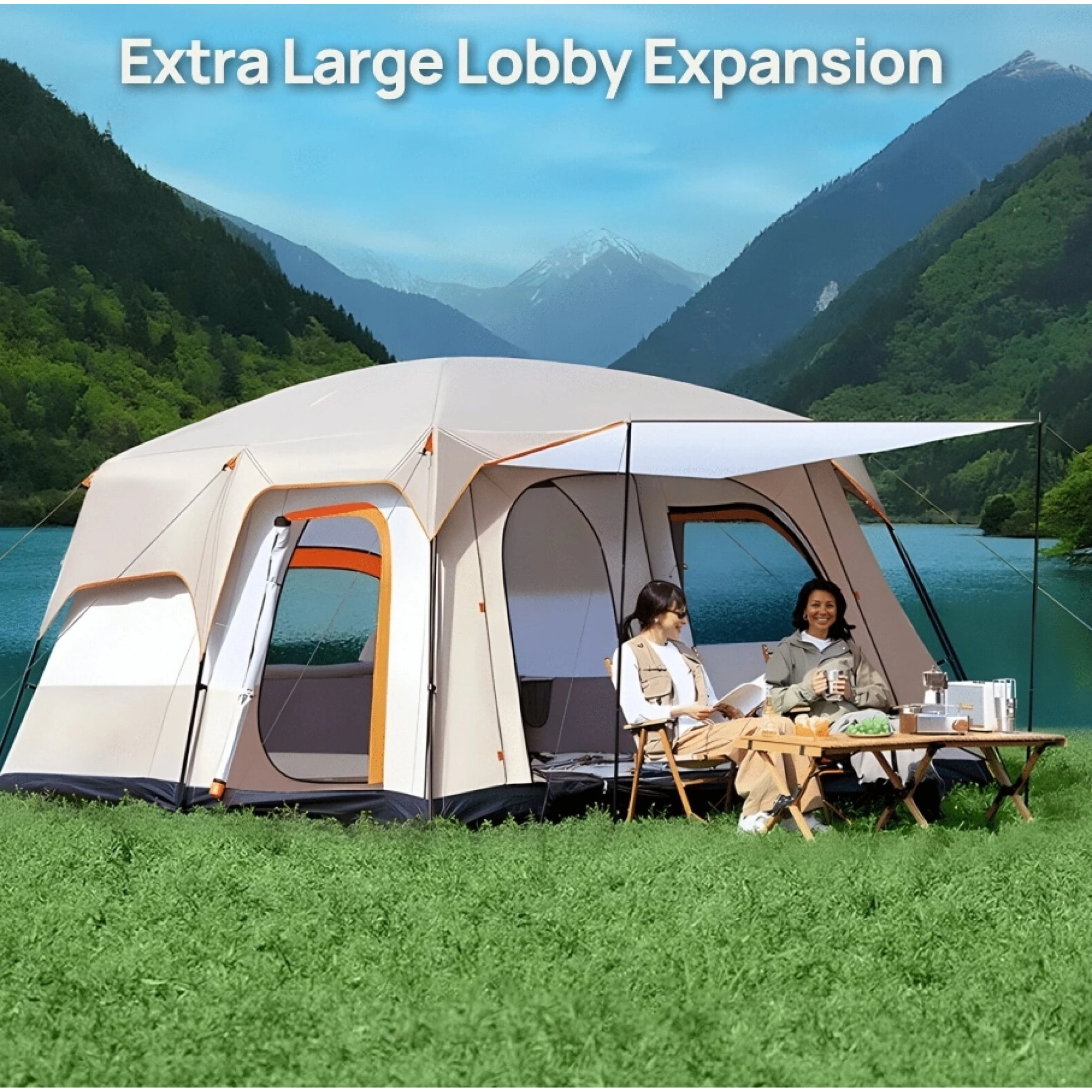 4-6 Person Camping Tent, Waterproof and Easy to Set Up, with Sunscreen ...