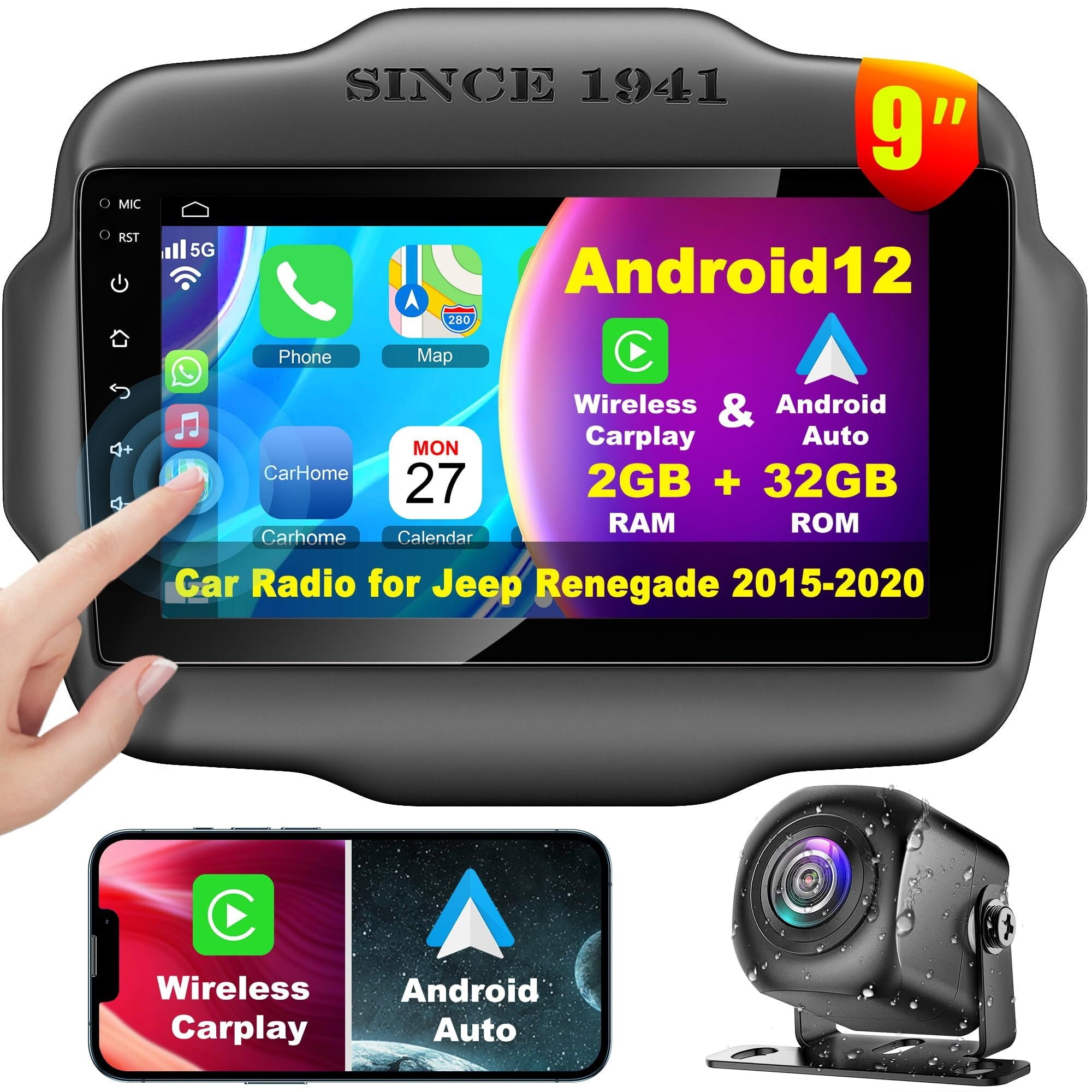 [4+64G] Android 12 Car Stereo for Jeep Renegade 2015-2020 with Wireless Carplay&Android Auto, 9 ...