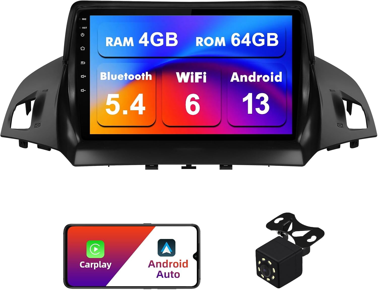 4+64G Android 13 Double Din Car Stereo for Ford Escape 2013-2016 with 9 ...