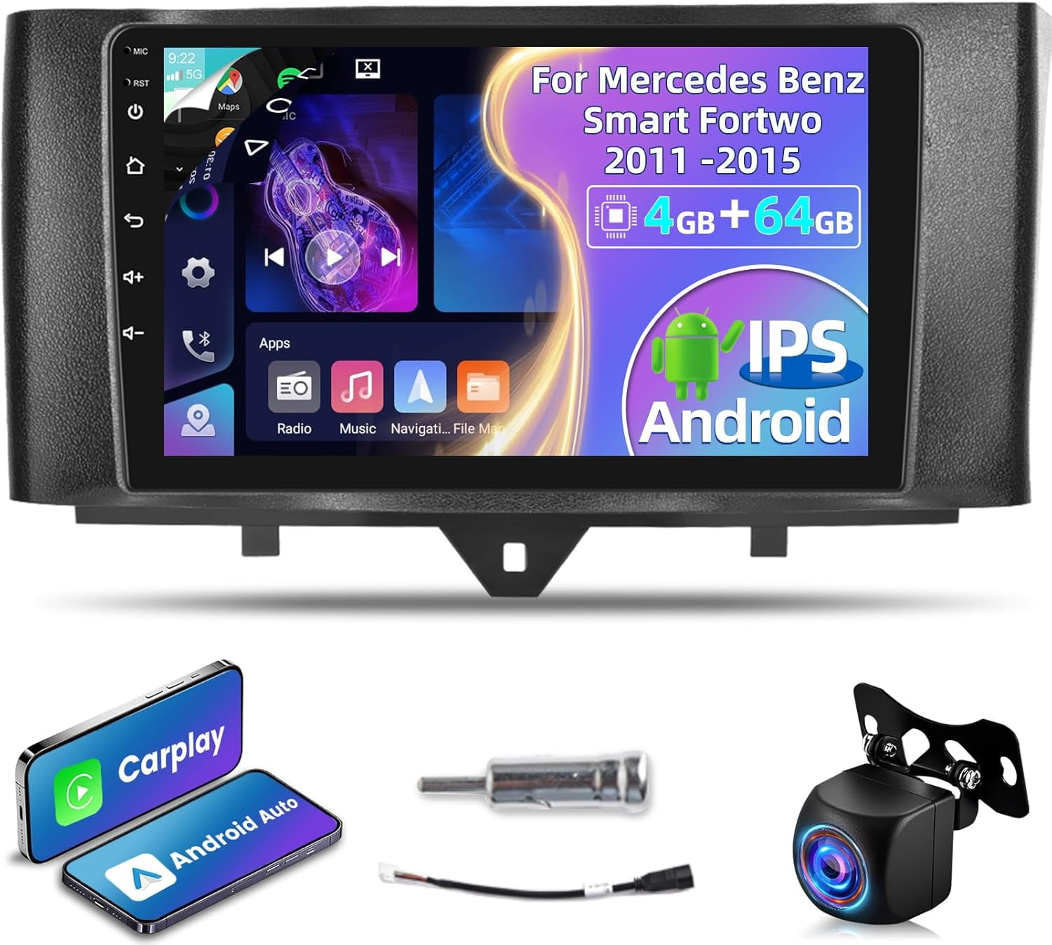 [4+64G] Car Radio for Mercedes Benz Smart Fortwo 2011-2015, 9 inch IPS ...
