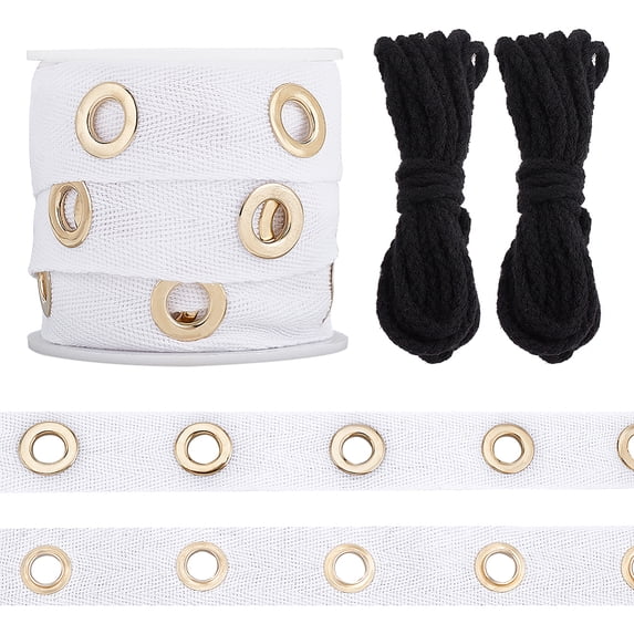 4.6m White Metal Eyelet Trim Cotton Ribbons with Golden Tone Iron ...