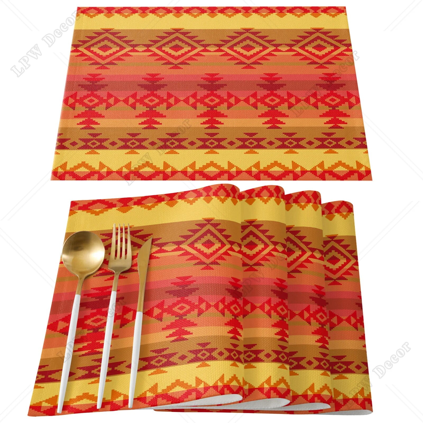 4/6pcs Placemats Set Lines Texture Red Table Mats Cotton Linen Kitchen ...