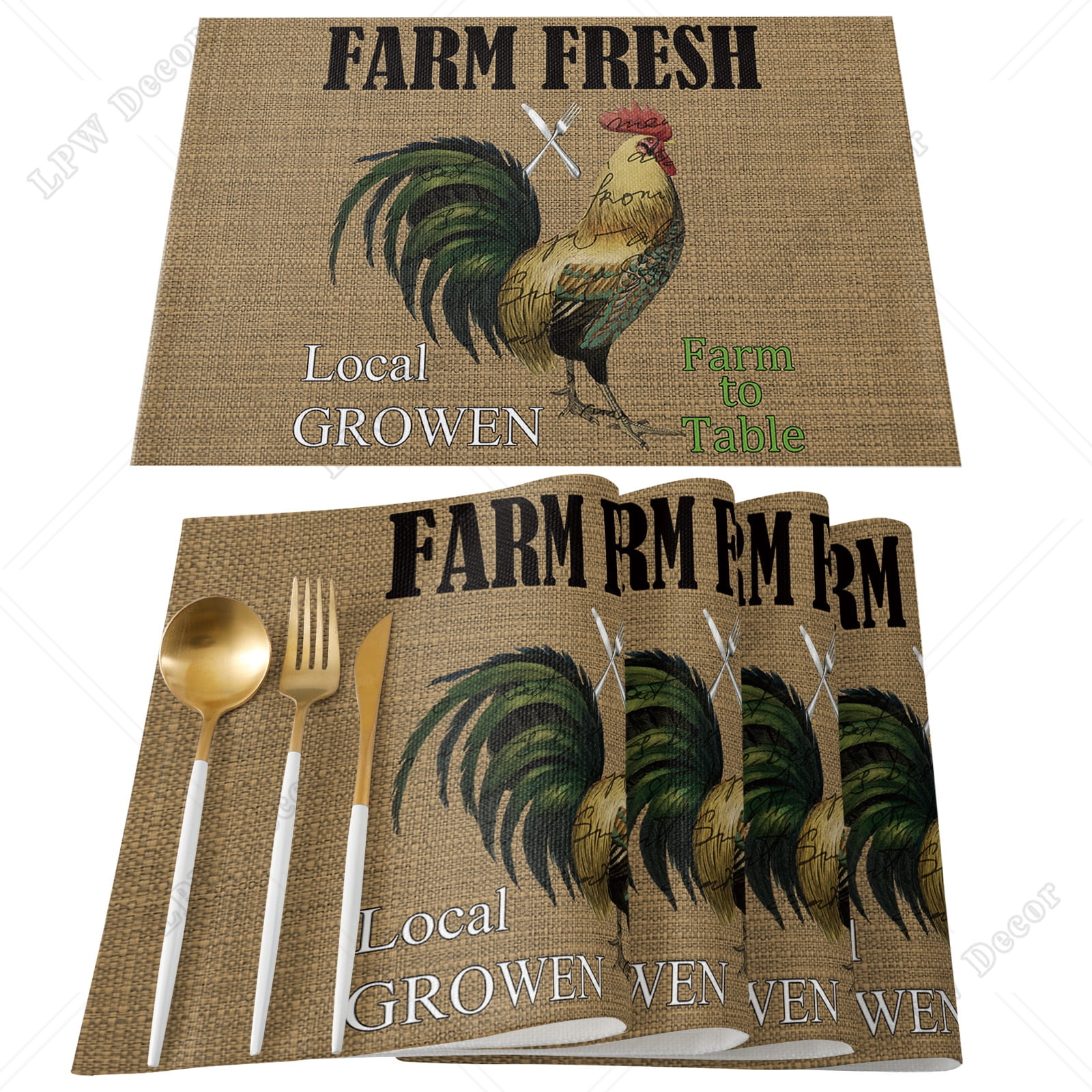 4/6pcs Set Table Mats Rooster On Retro Background Printed Table Napkin ...