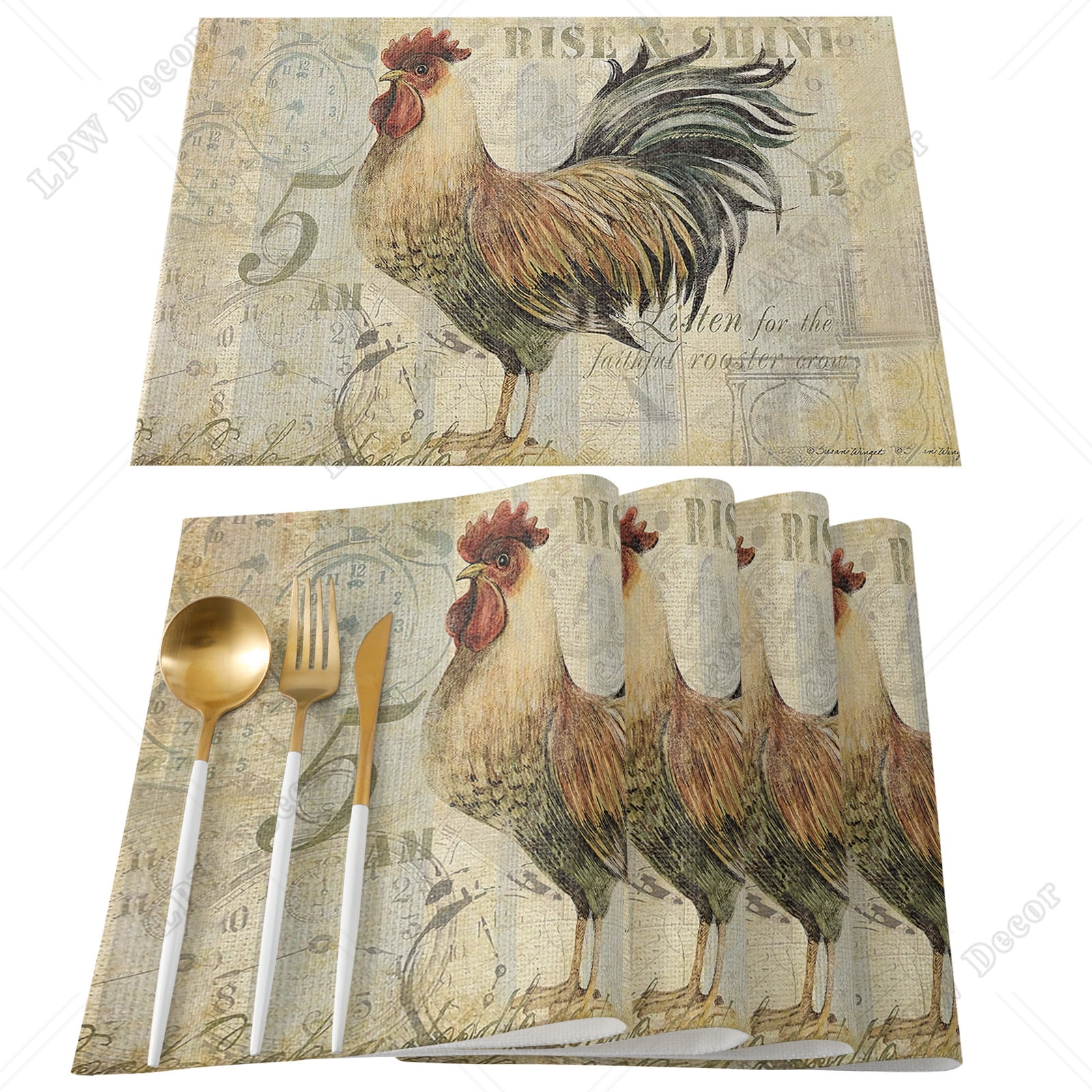 4/6pcs Set Table Mats Rooster On Retro Background Printed Table Napkin ...
