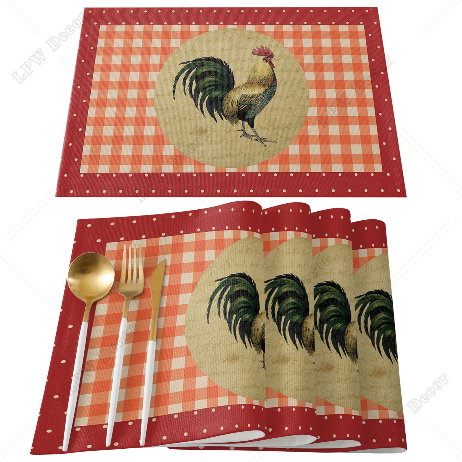 4/6pcs Set Table Mats Rooster On Retro Background Printed Table Napkin ...