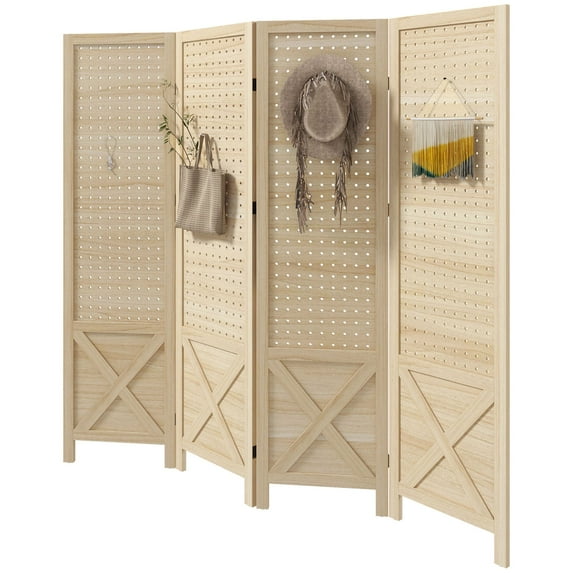 4.7' 4 Panel Wooden Room Divider with Pegboard Display, Folding Privacy ...