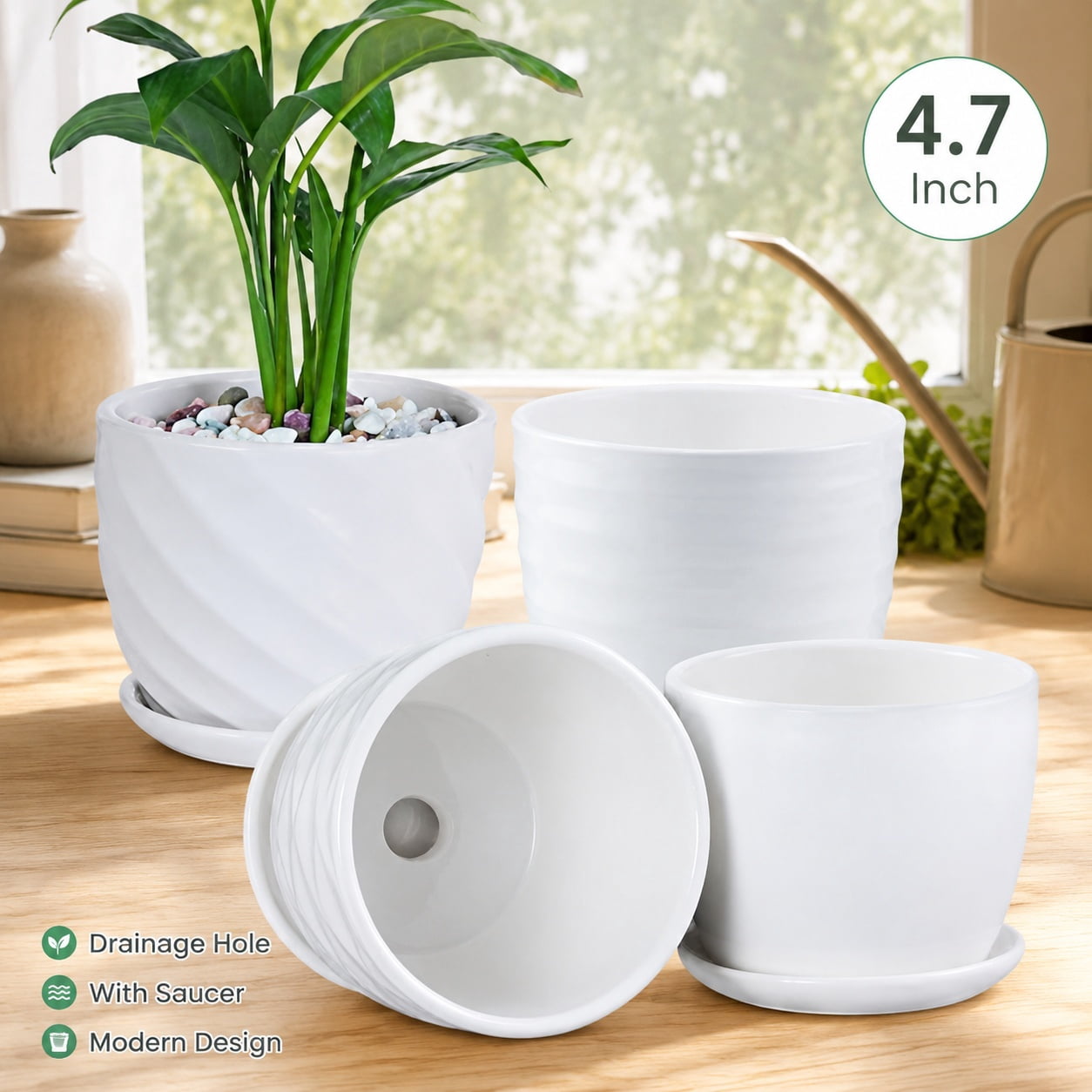 4.7 Inch Cylinder Ceramic Planters with Connected Saucer, Set of 4 ...