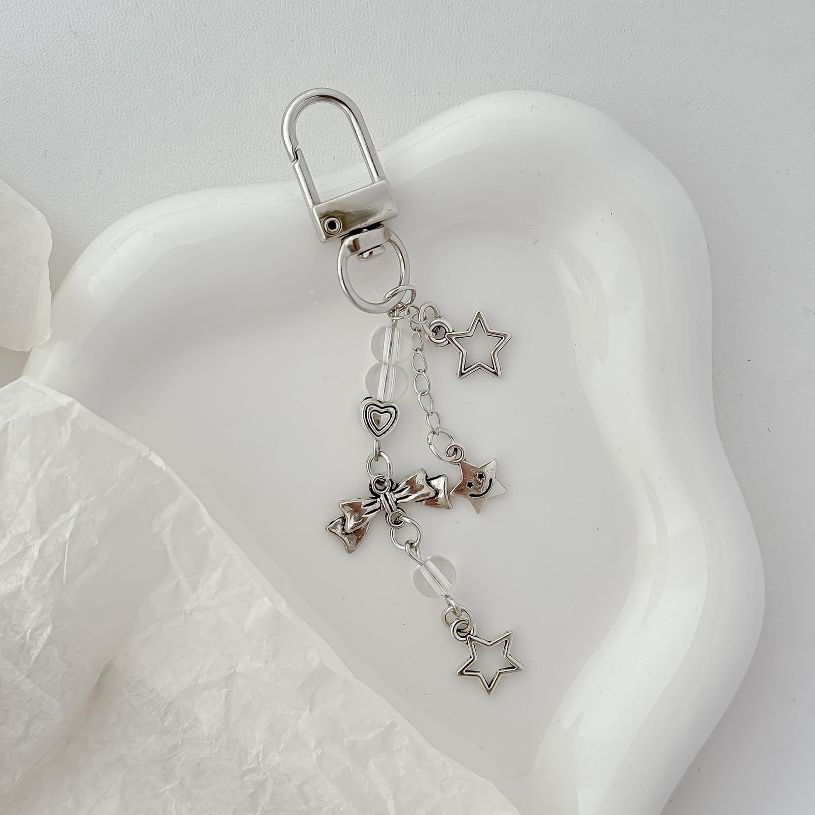 4.72-Inch Silver Star & Bow Phone Charm Strap – Elegant Detachable ...