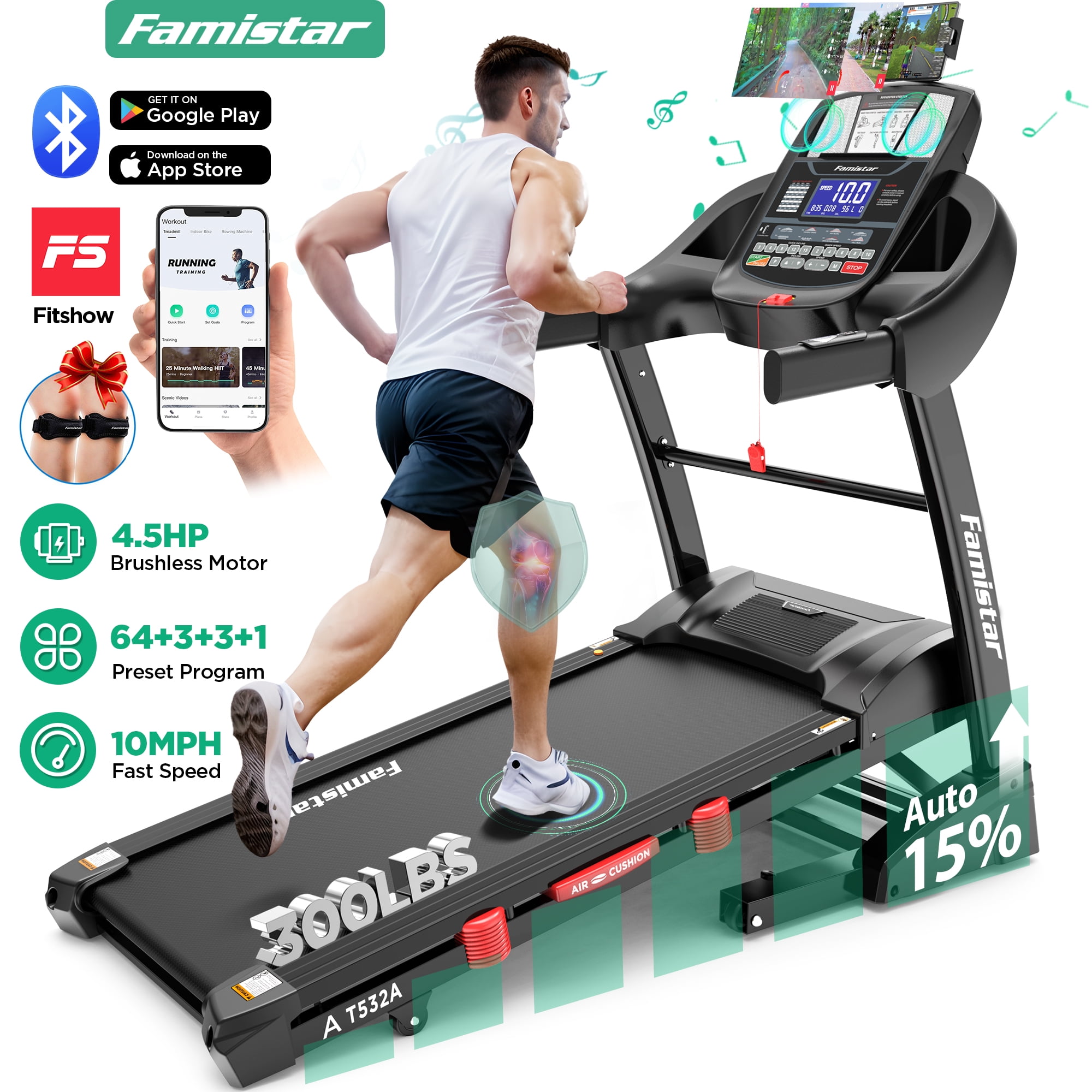 4.75HP Folding Treadmill w/ 300lb Capacity, 15% Auto Incline, Treadmill ...