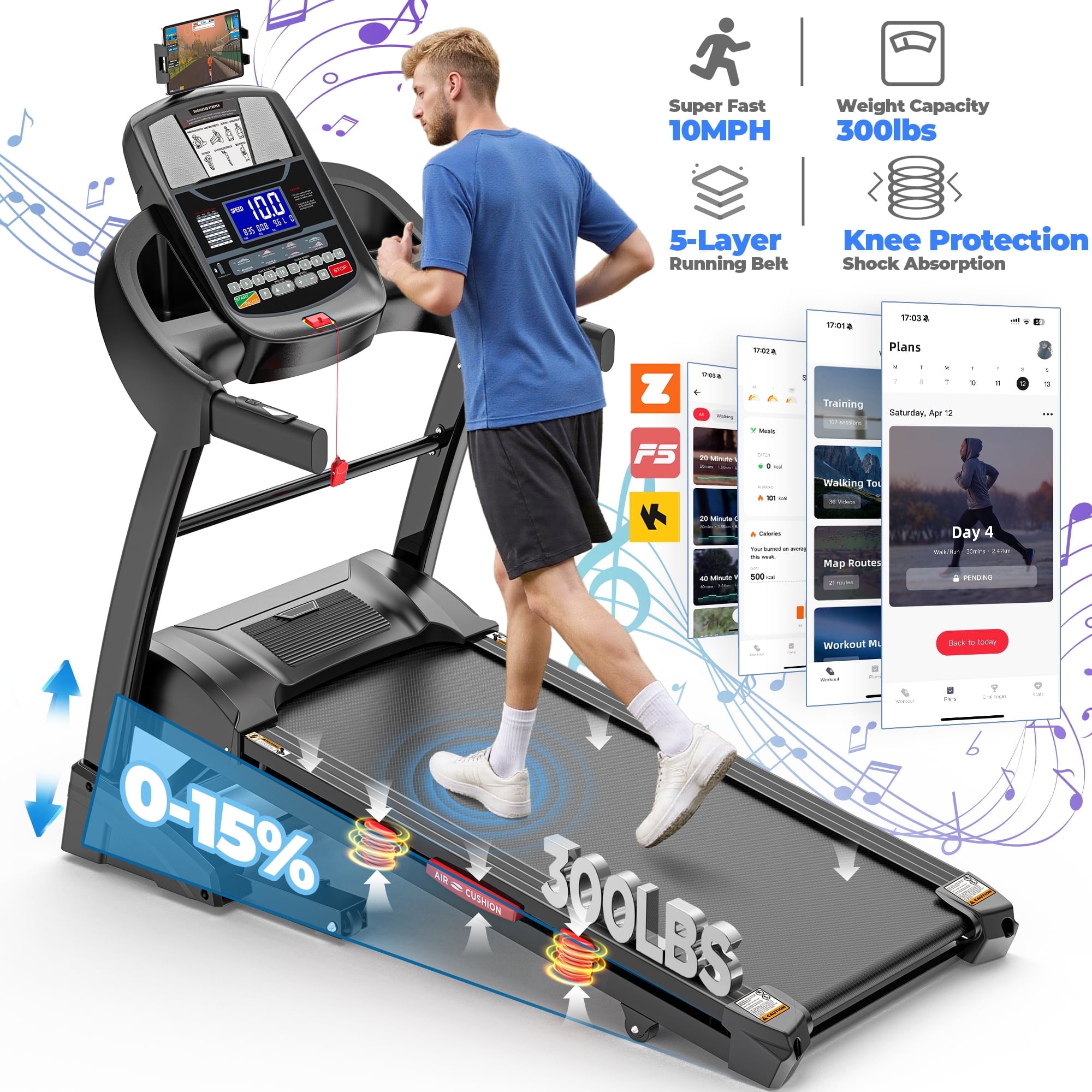 4.8HP Walking Running Treadmill with Incline, Treadmill with 64+3+3+1 ...