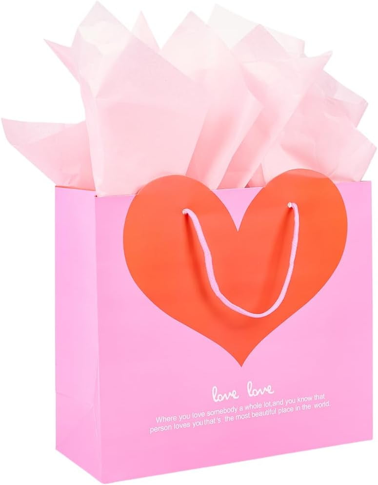 4.76 x 12.01 x 11.22 Inch Present Bag and Tissue Paper Pink Heart Gift ...