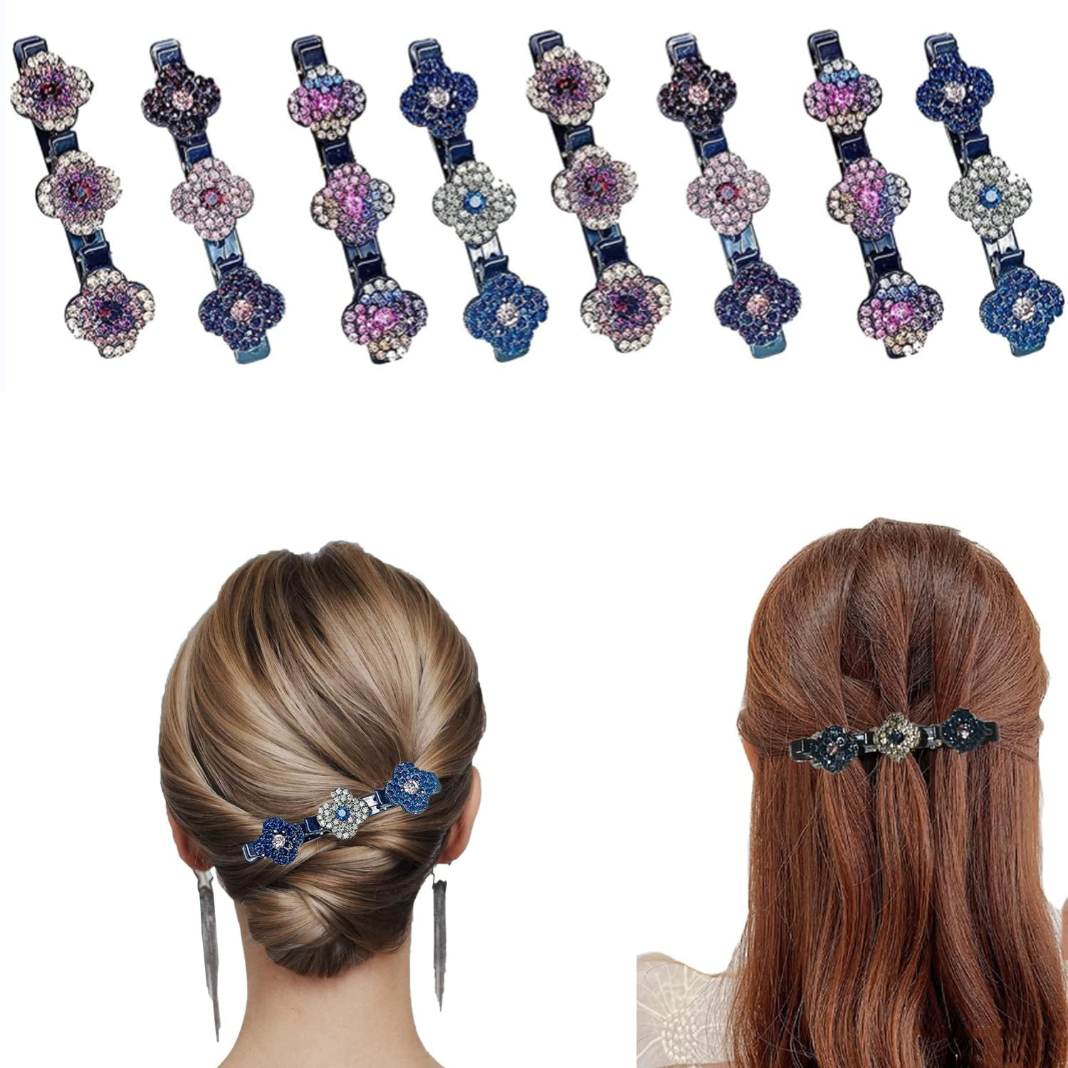 4/8 PCS Sparkling Crystal Stone Braided Hair Clips, Satin Fabric Hair ...