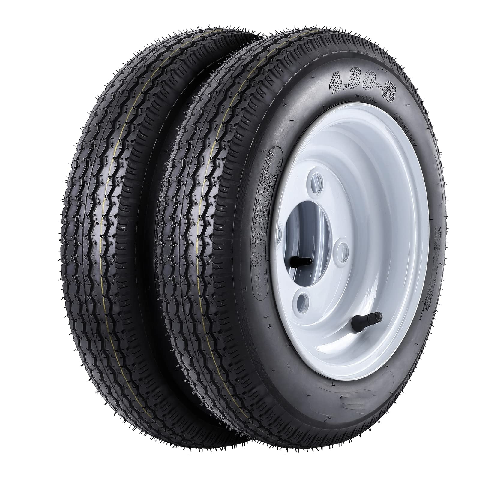 "Walmart 4.80-8 Trailer Tires with 8"" White Spoke Rims, 4 Lug, Load ...